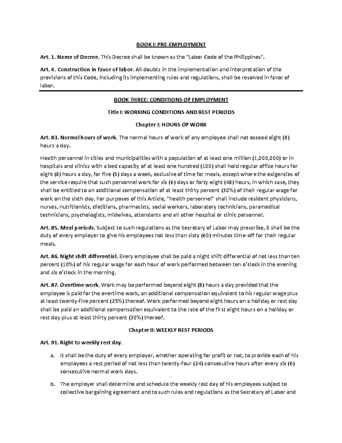 HR- Labor CODE - BOOK I: PRE-EMPLOYMENT Art. 1. Name of Decree. This ...