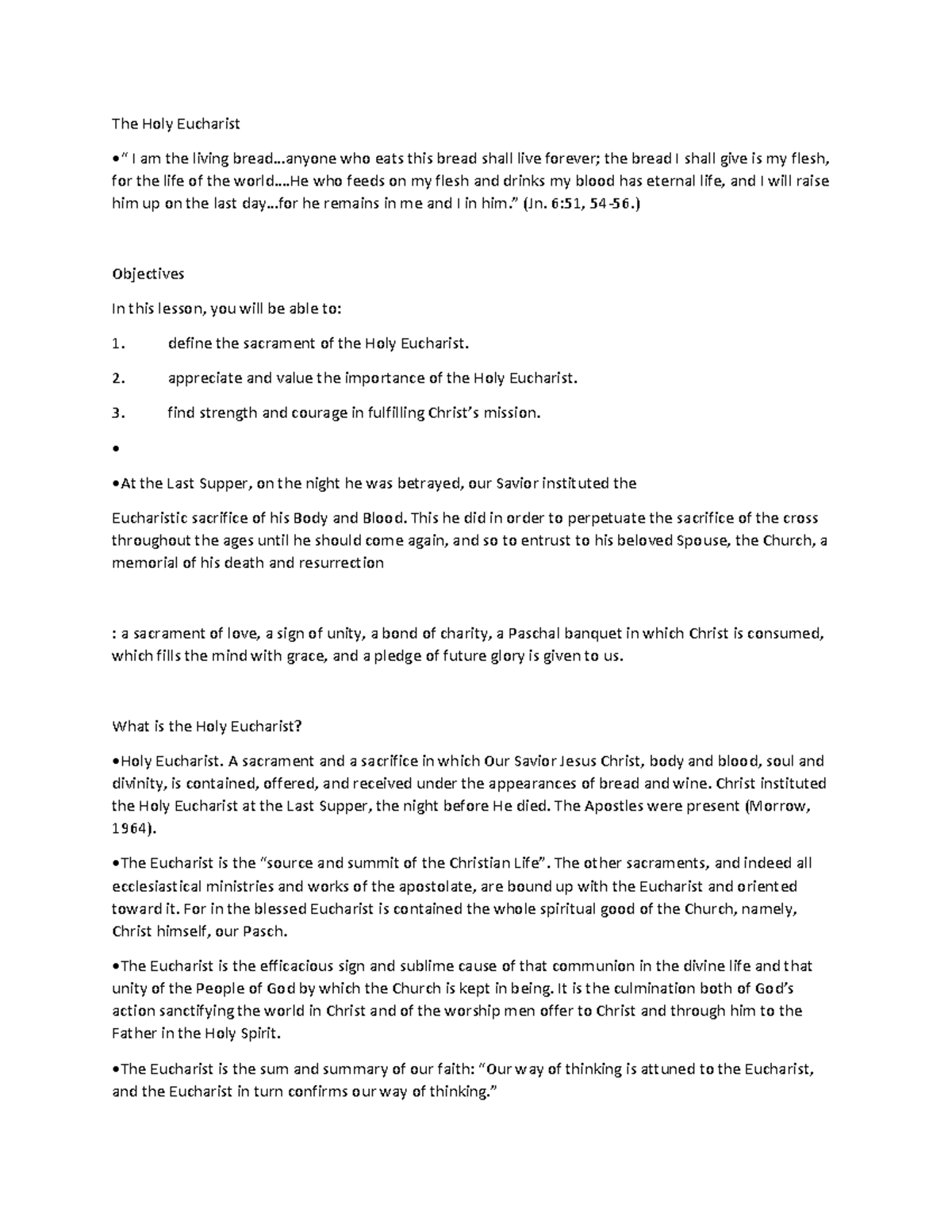 The Holy Eucharist - summarized - The Holy Eucharist