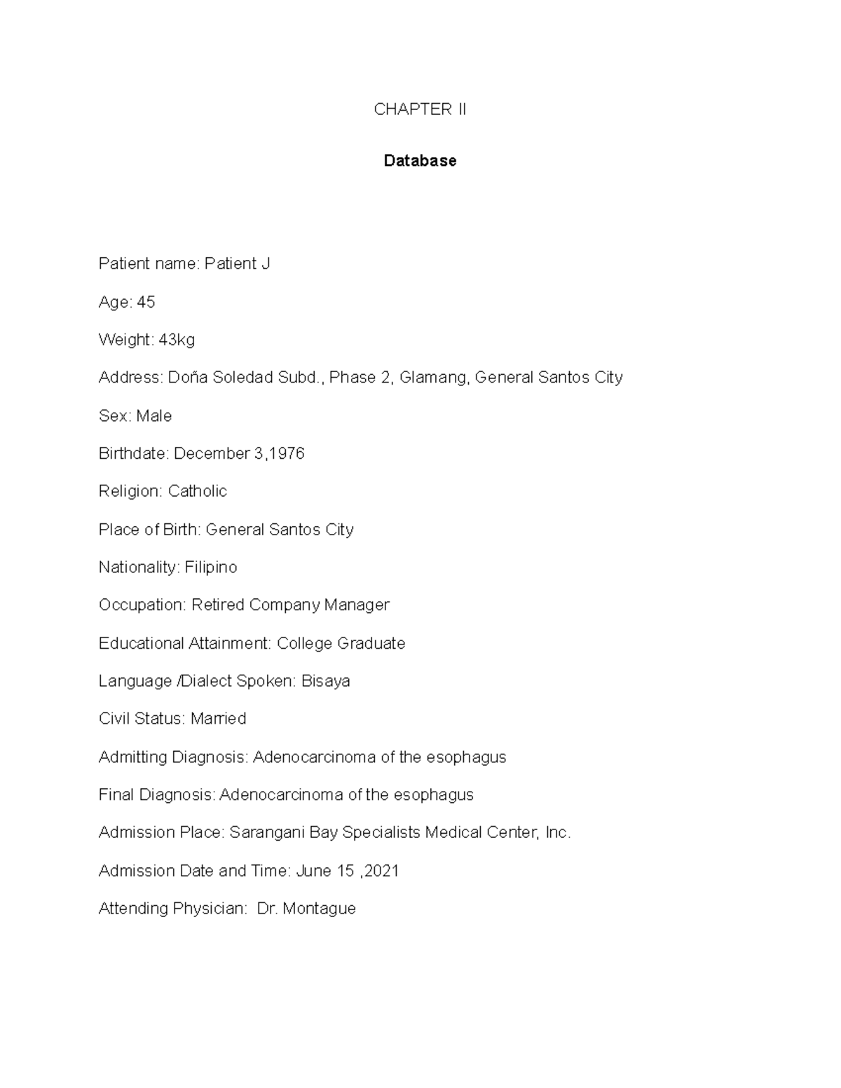 Chapter II Database and Health History - CHAPTER II Database Patient ...