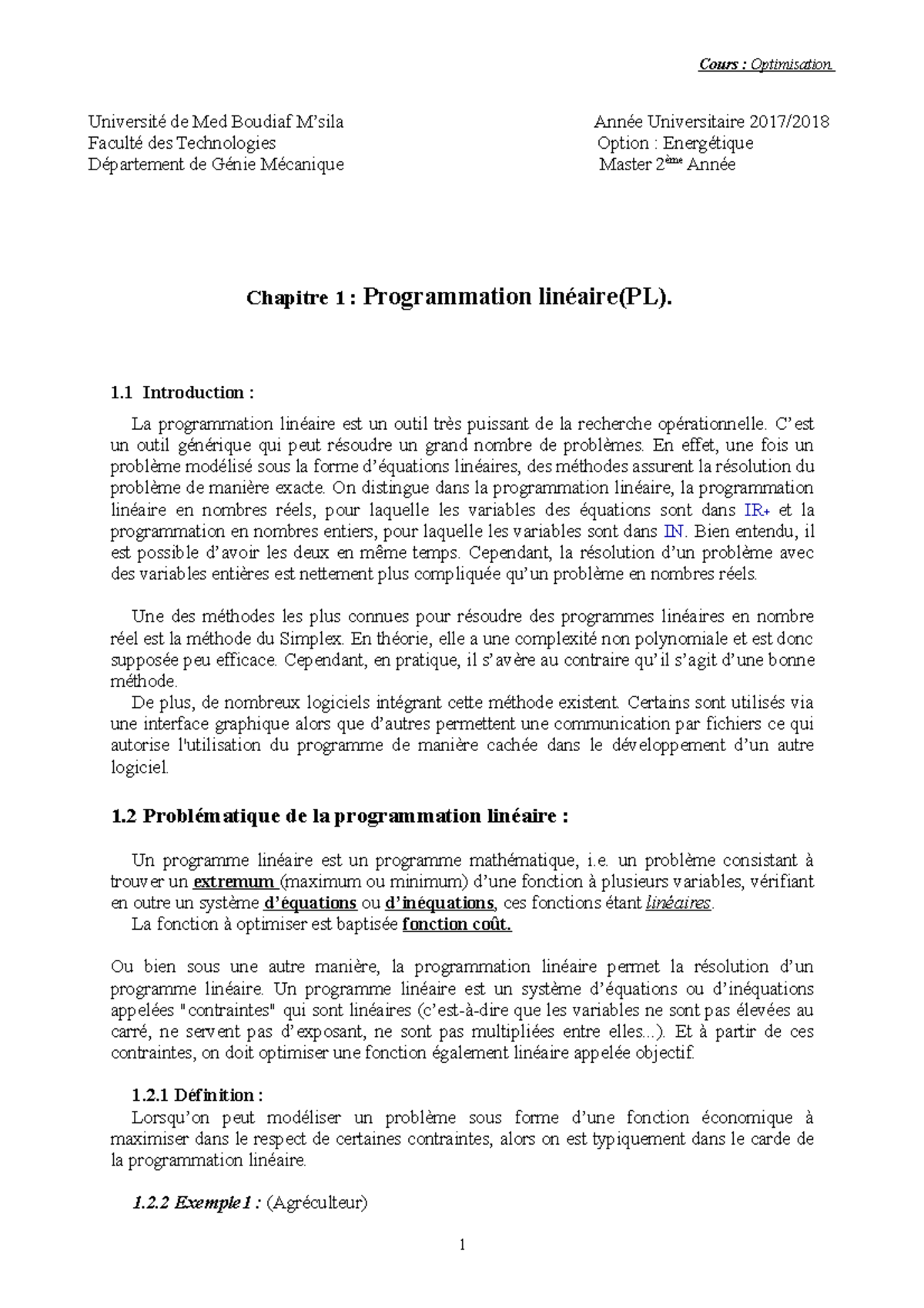 Cours 1op Chapitre 1 Programmation Linéaire Pl Université De Med Boudiaf Msila Année
