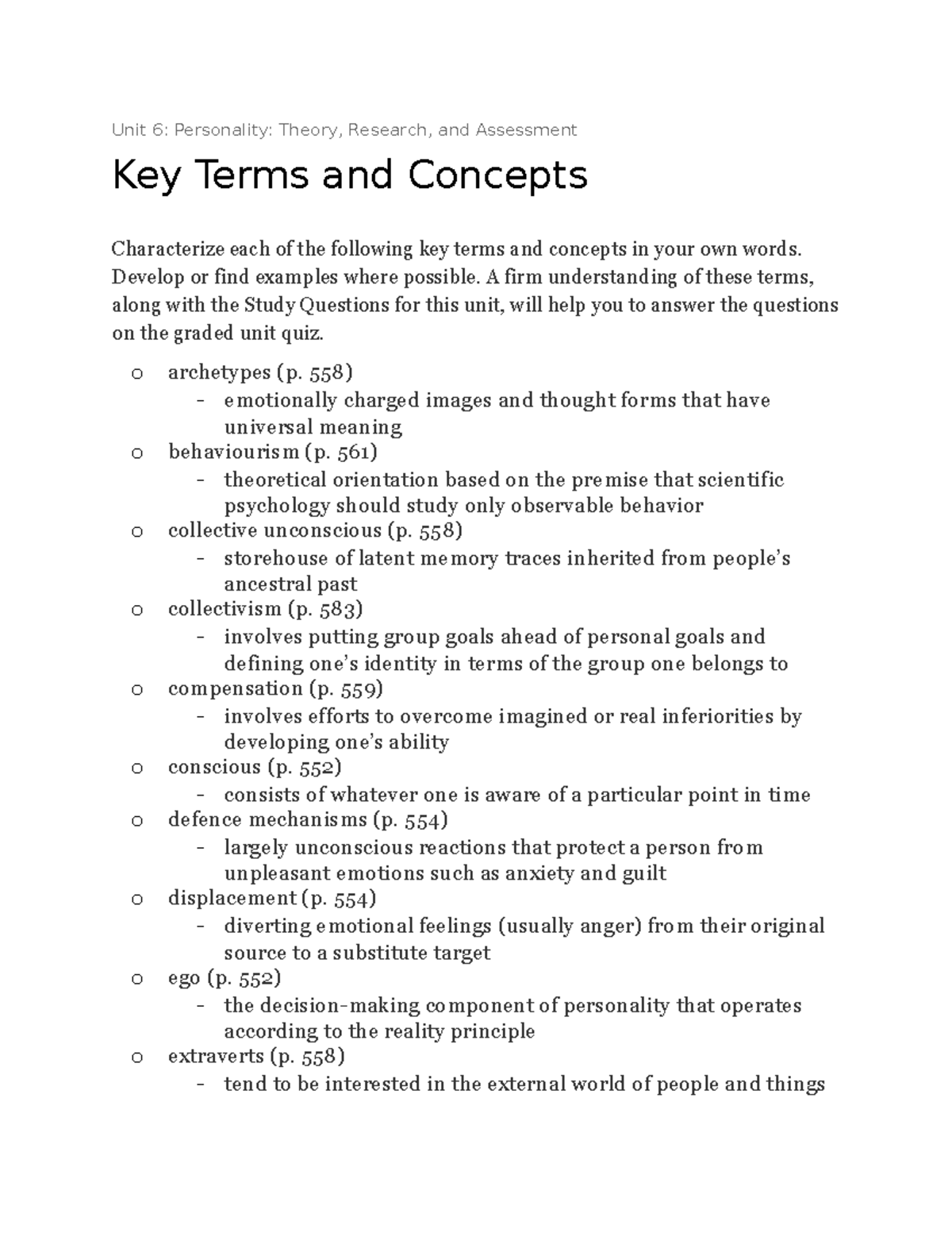 Unit 6 - notes - Unit 6: Personality: Theory, Research, and Assessment ...