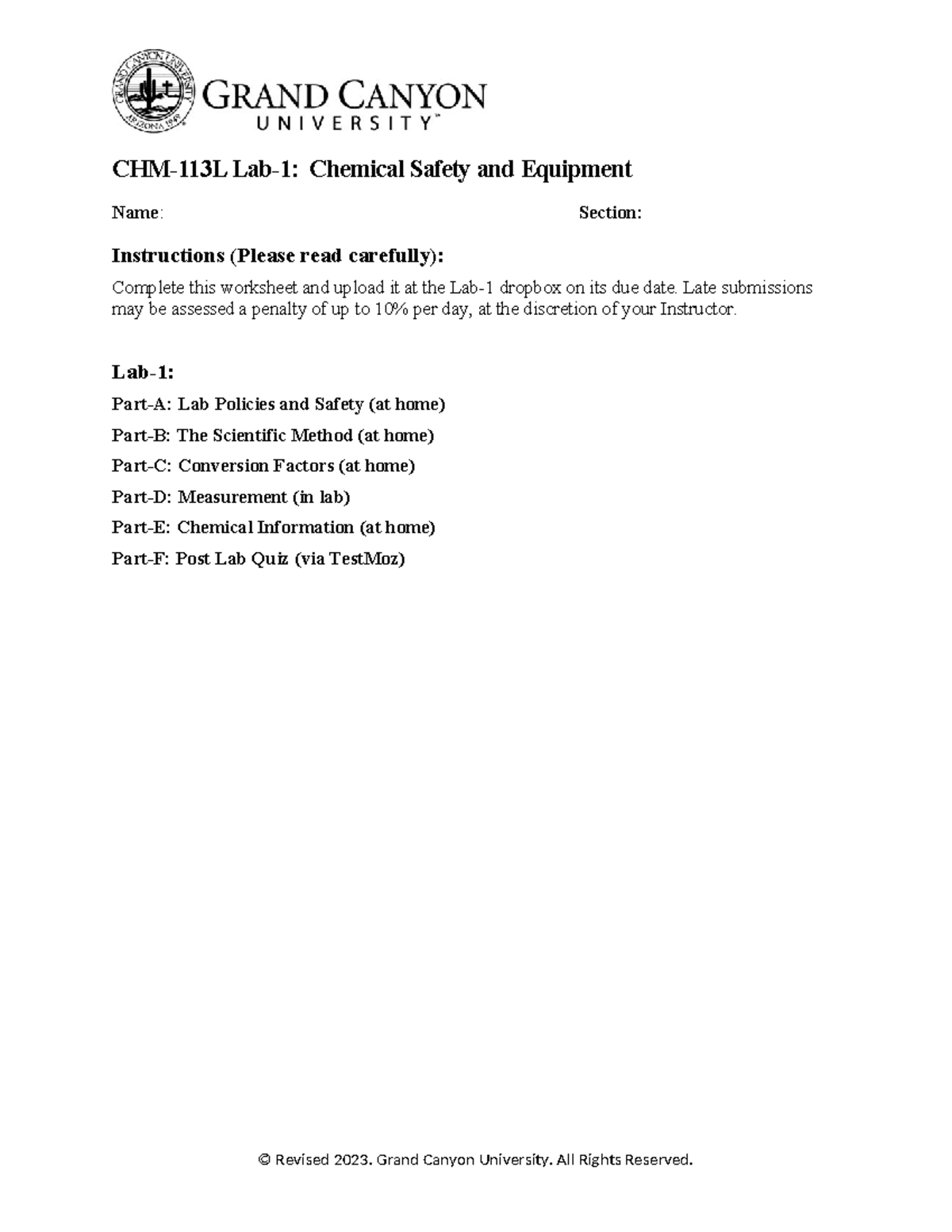 CHM113L L1 Chemical Safety Worksheet SP24 - CHM-113L Lab-1: Chemical ...