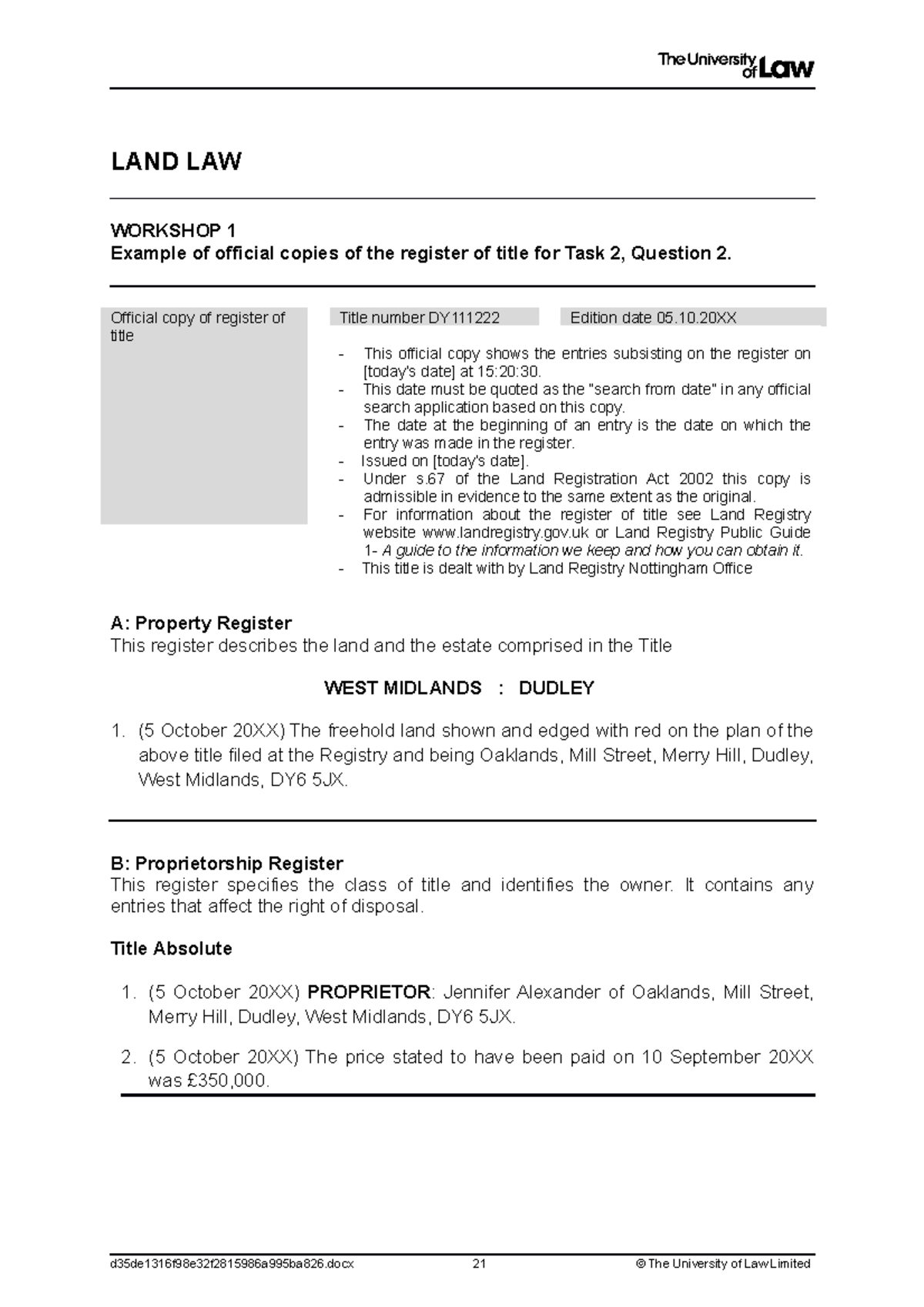 Template - LAND LAW WORKSHOP 1 Example of official copies of the ...