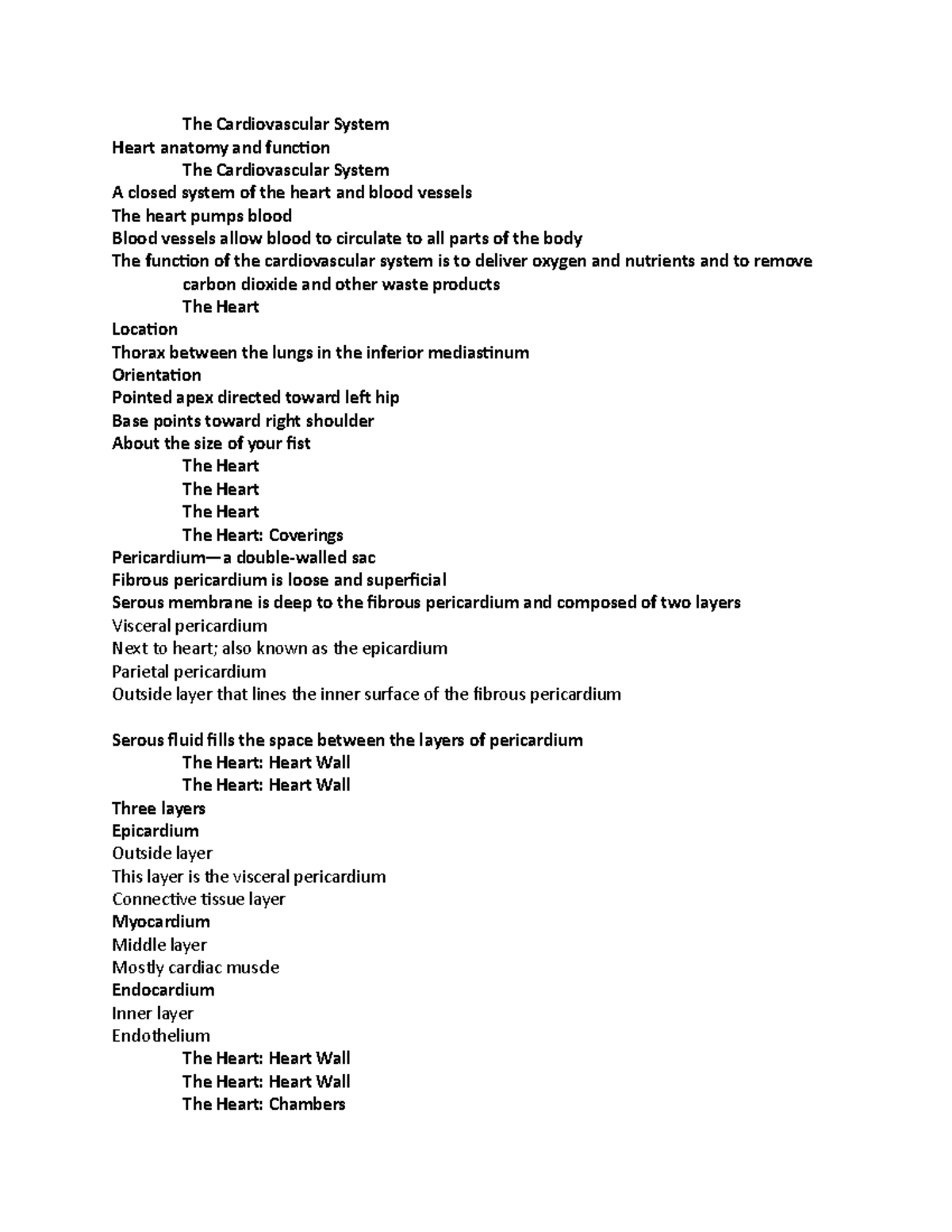 Heart Lecture Notes - The Cardiovascular System Heart anatomy and ...