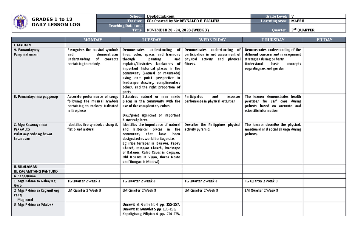 DLL Mapeh 5 Q2 W3 - dll - GRADES 1 to 12 DAILY LESSON LOG School: DepEdClub Grade Level: V ...