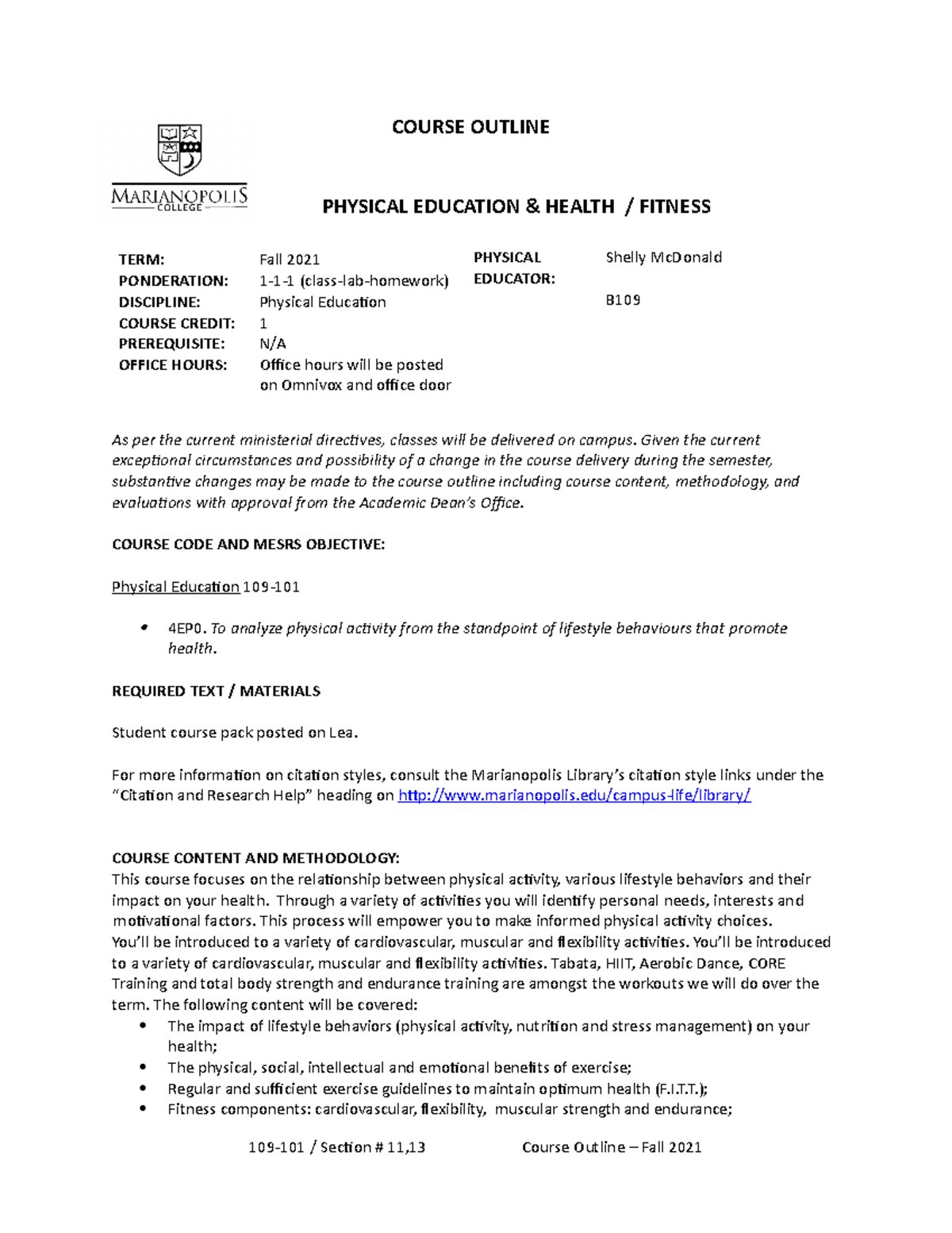 Course Outline Fitness 2021F - COURSE OUTLINE PHYSICAL EDUCATION ...