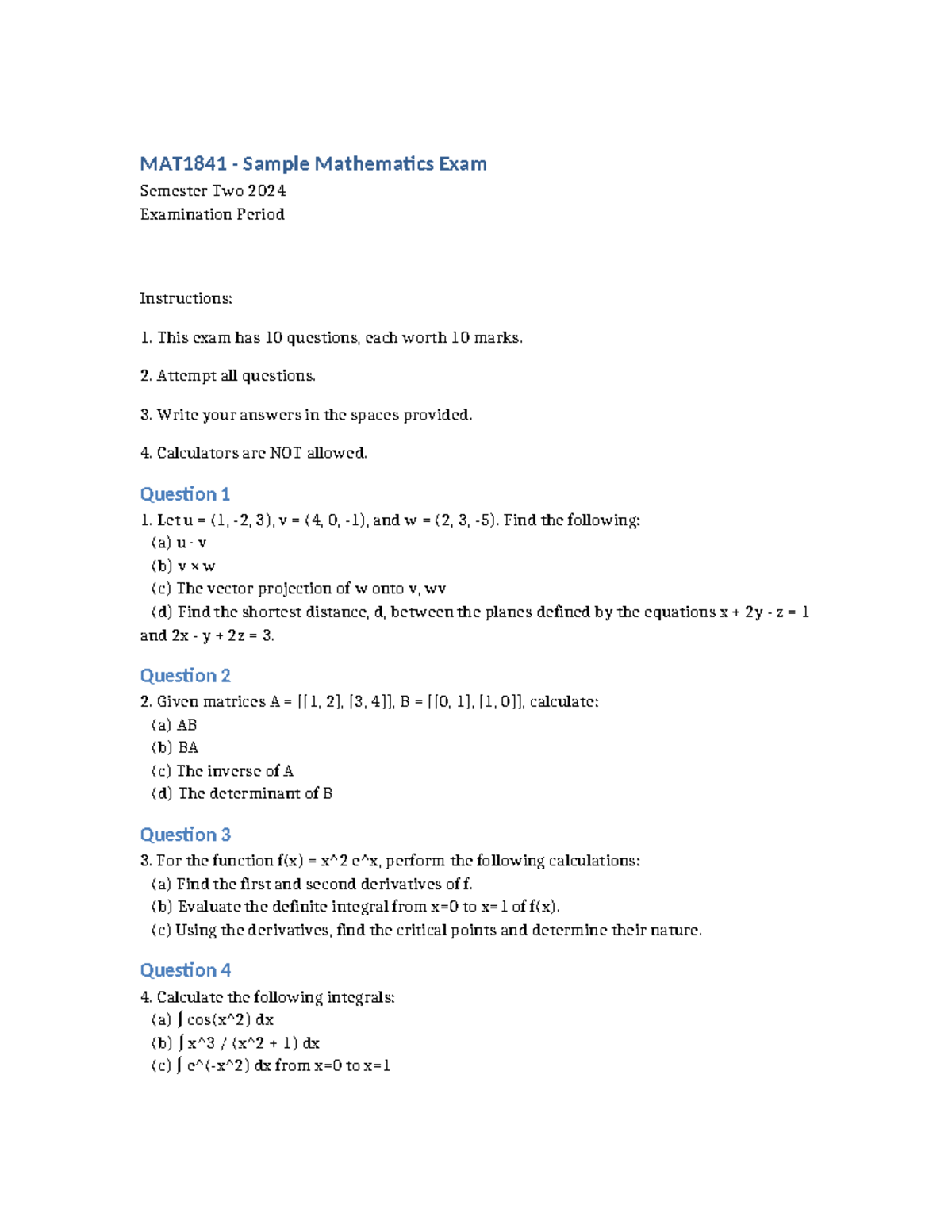 Sample MAT1841 Math Exam - MAT1841 - Sample Mathematics Exam Semester ...