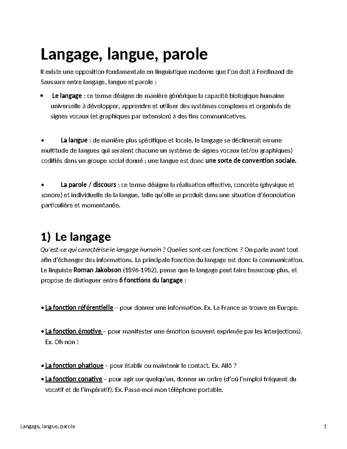 Langage langue parole - cours redigé - Langage, langue, parole Il ...