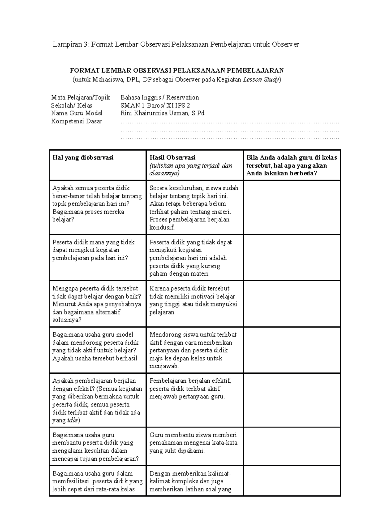 Lampiran 3 - Format Lembar Observasi Pelaksanaan Pembelajaran untuk Observer - - Studocu