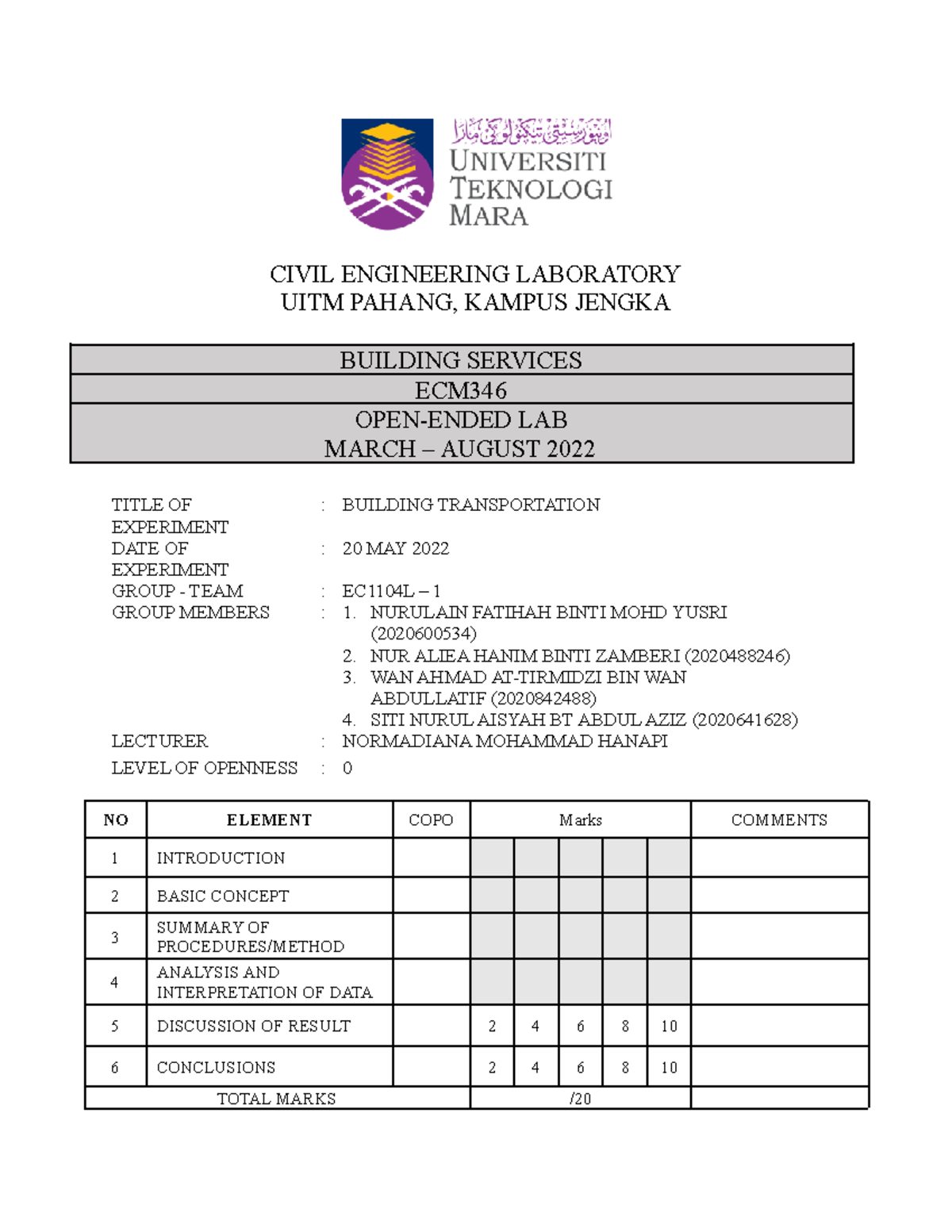 LAB Report ECM346 Building Transportation EC110 4L-1 - CIVIL ...