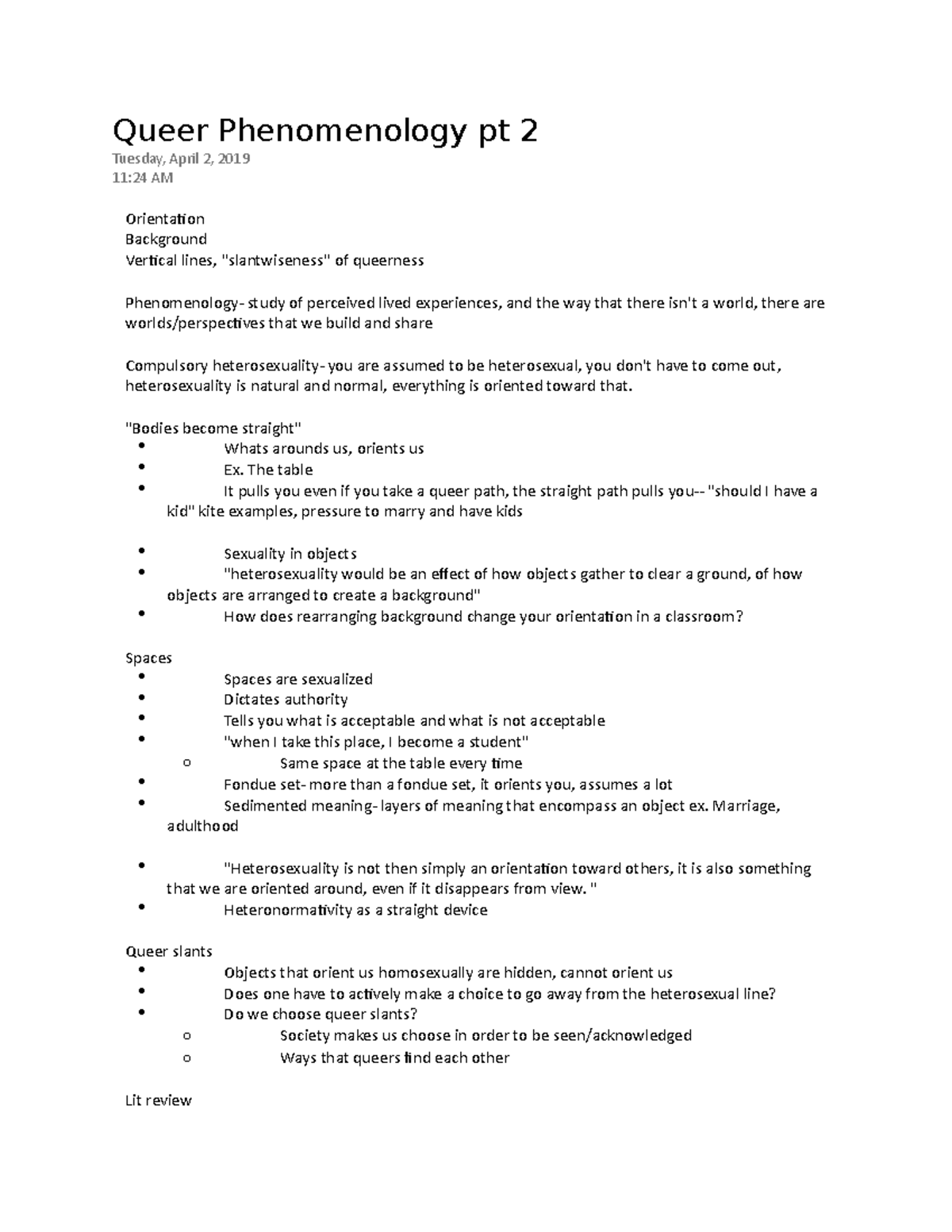 Queer Phenomenology pt 2 notes - Queer Phenomenology pt 2 Tuesday ...