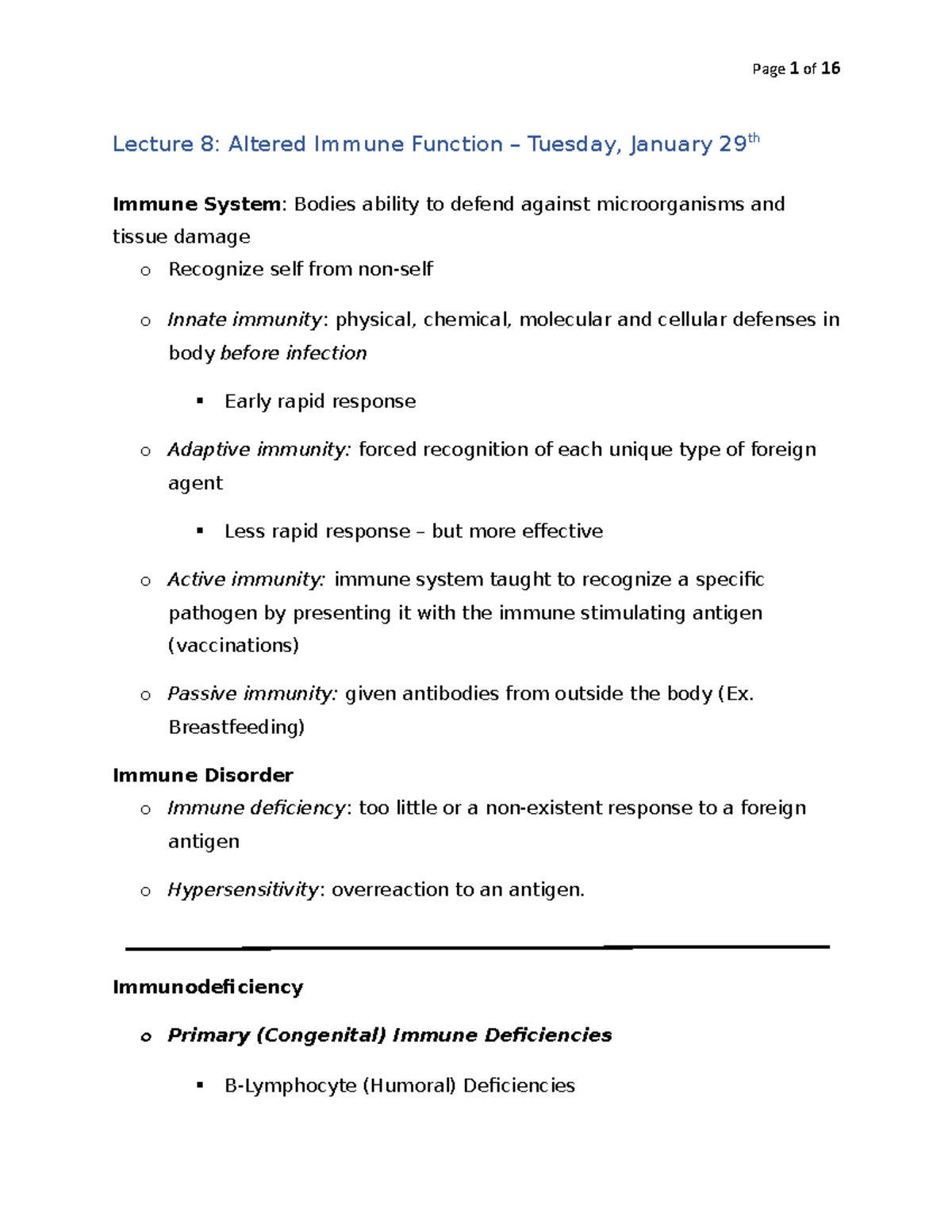 Lecture 8 - Immune Disorders - Page 1 of 16 Lecture 8: Altered Immune ...