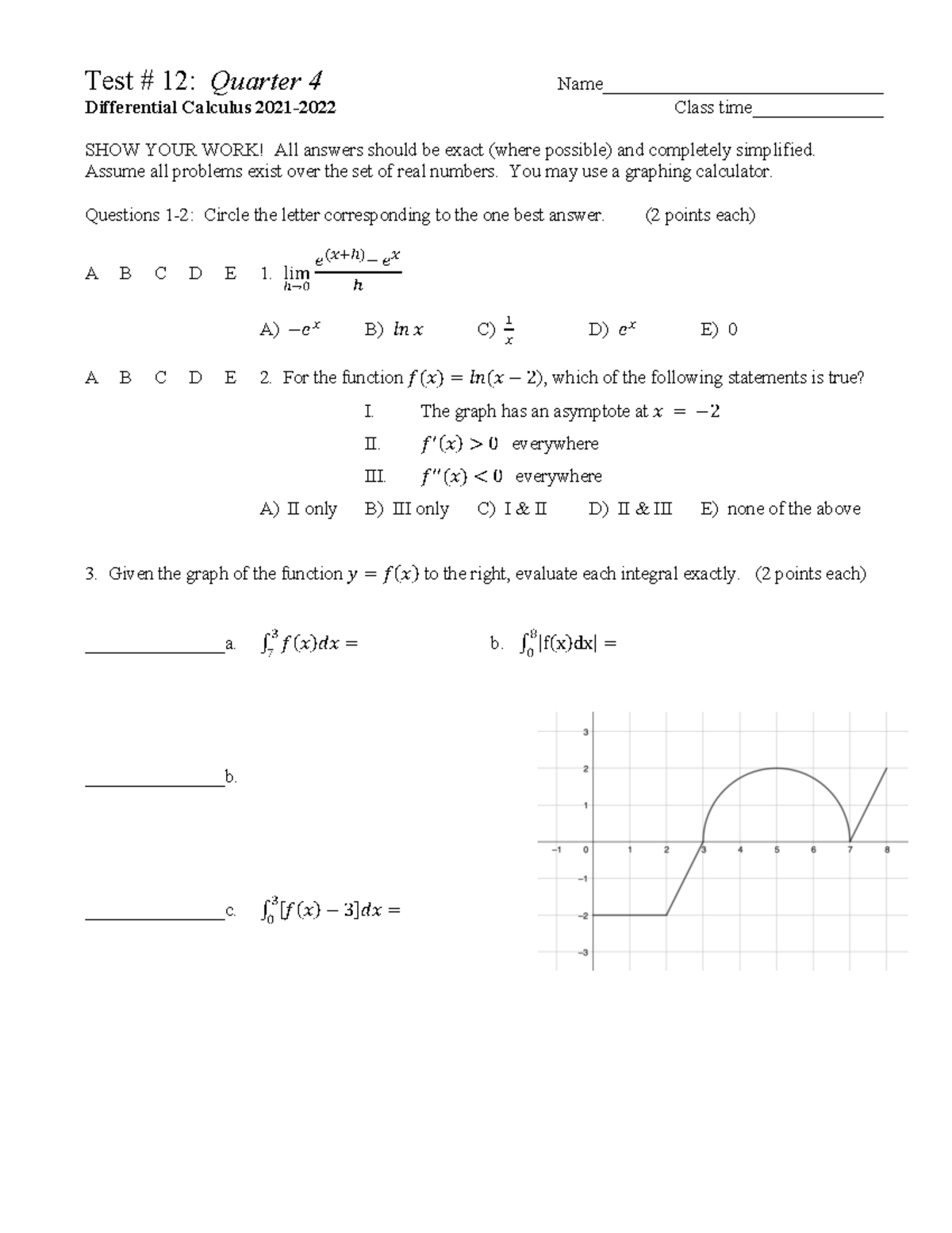 Diff Calc 2122 Test 12 Quarter 4 - Test # 12: Quarter 4 Name