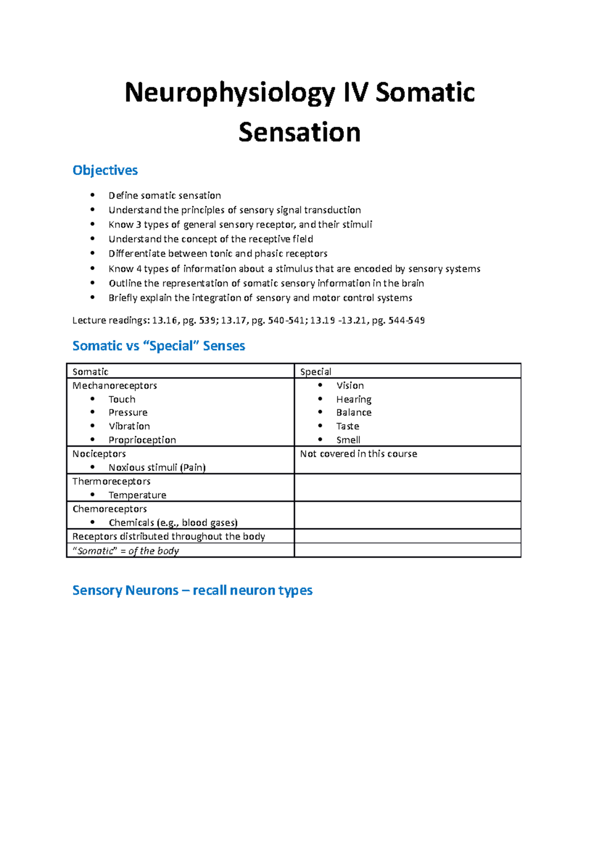 Lecture 24 - Neurophysiology IV Somatic Sensation - Neurophysiology IV ...