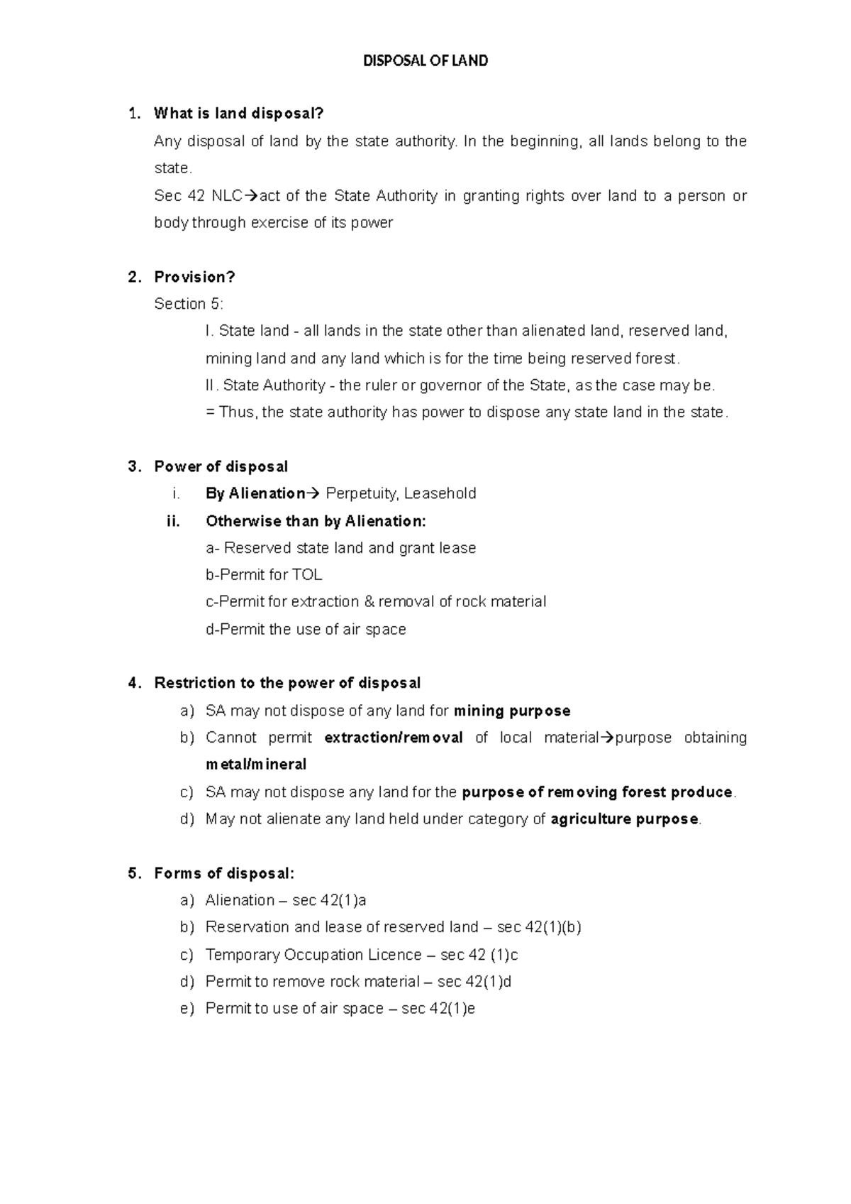 Disposal OF LAND Notes - Summary Land Law I - What is land disposal ...