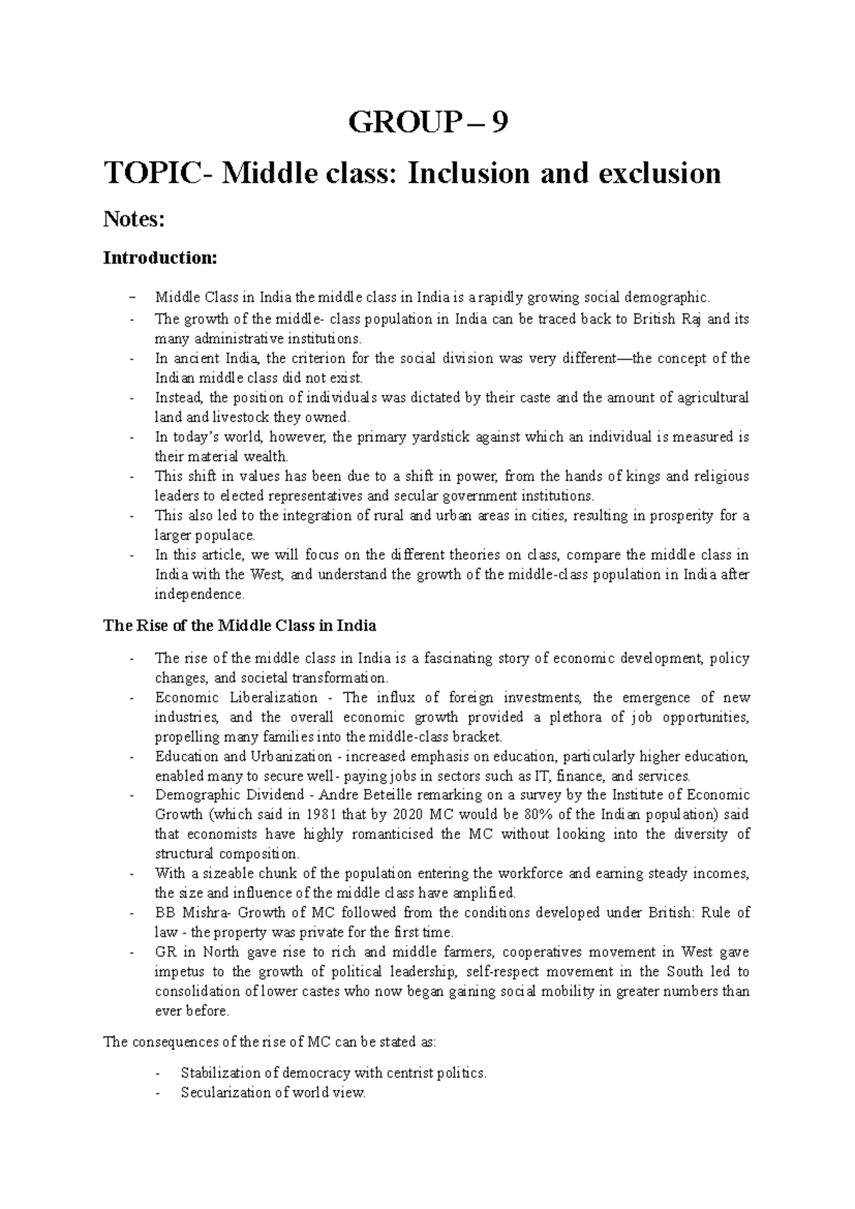 Middle Class Inclusion & Exclusion - GROUP – 9 TOPIC- Middle class ...