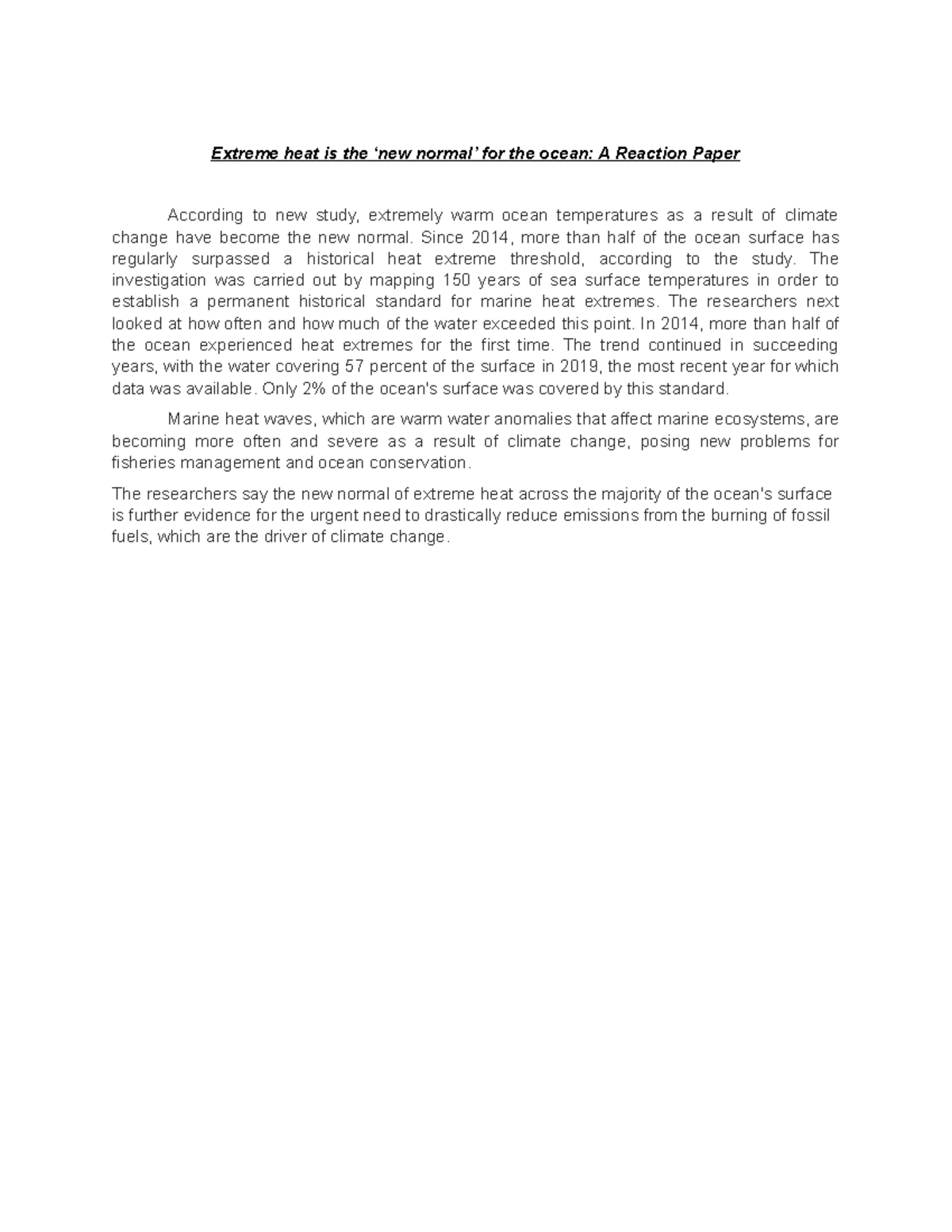 Gelect 3 - Reaction Paper (ecosystem) - Extreme heat is the ‘new normal ...