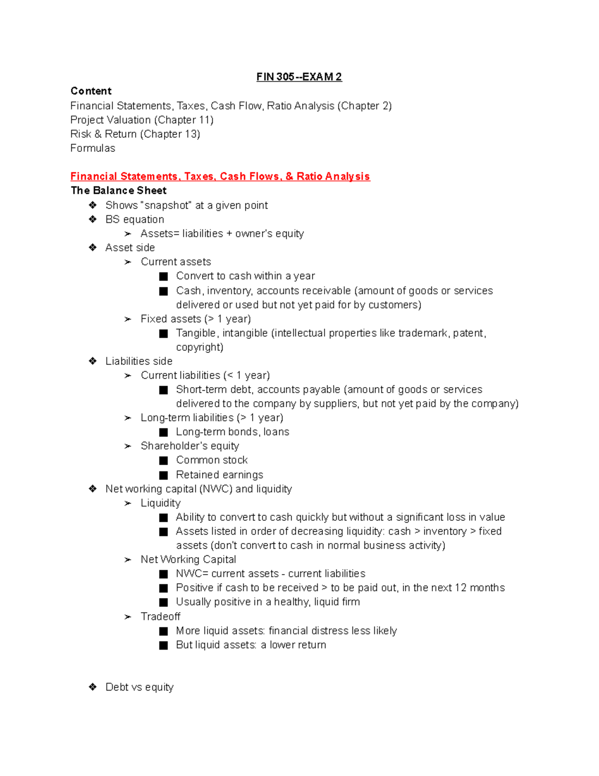 FIN305 Exam 2 review guidereview guide - FIN 305-EXAM 2 Content ...