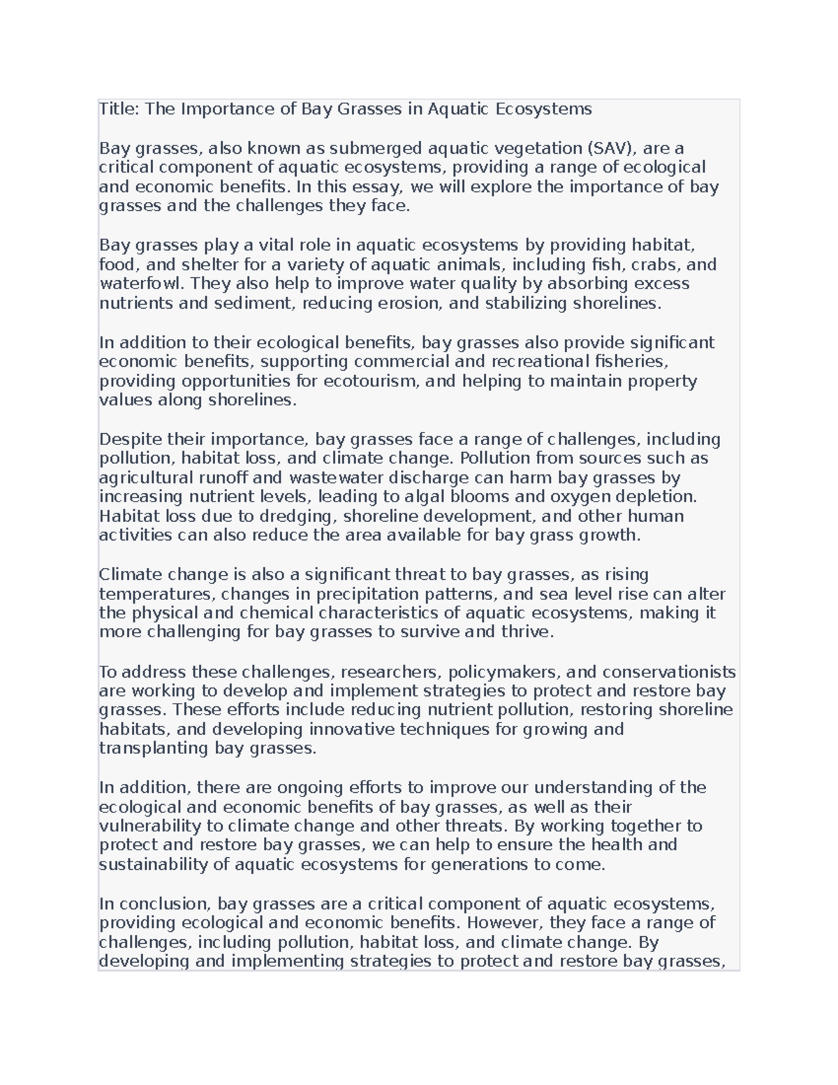 The Importance of Bay Grasses in Aquatic Ecosystems - In this essay, we ...