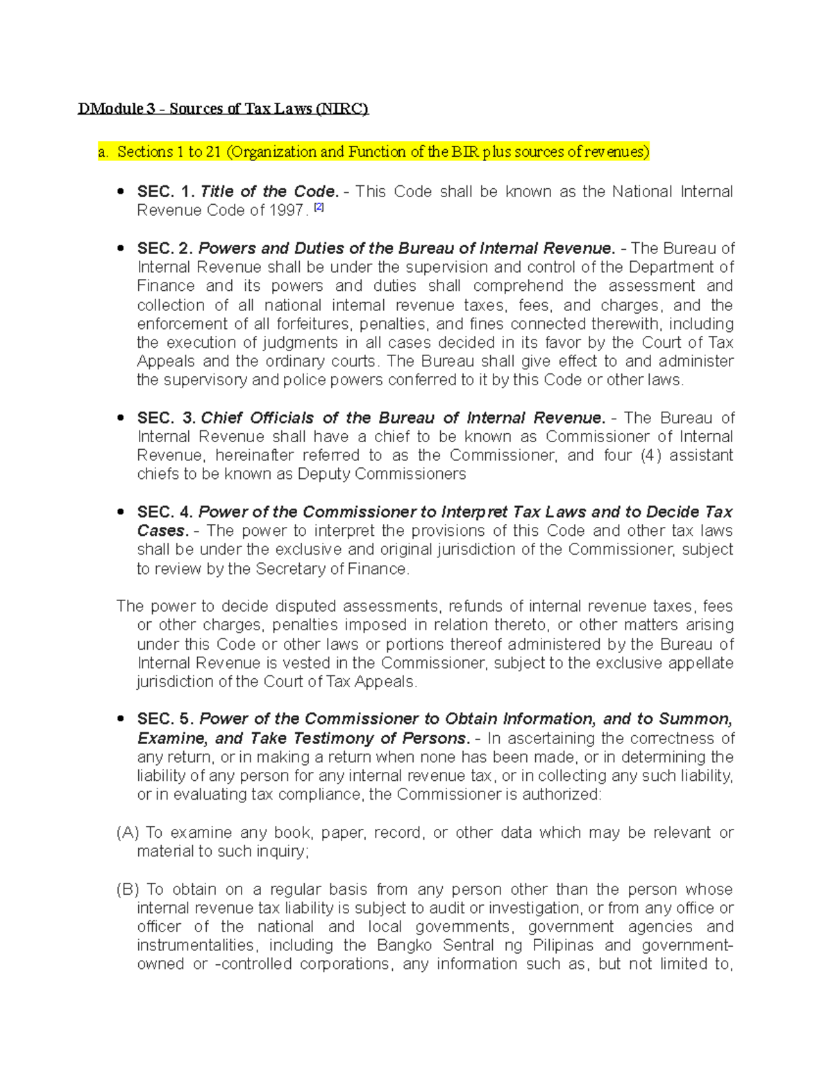 Module 3 - notes from books - DModule 3 - Sources of Tax Laws (NIRC) a ...
