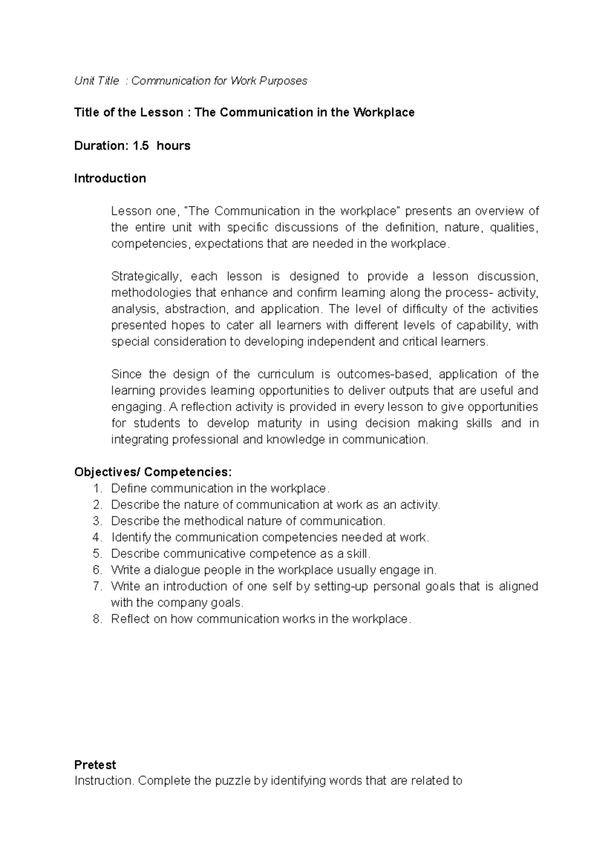 Unit III Lesson 1 - PCM - Unit Title : Communication for Work Purposes ...