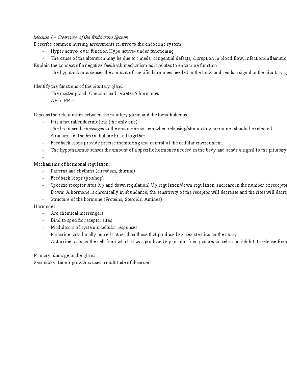 Endocrine Notes - Module I – Overview of the Endocrine System Describe ...