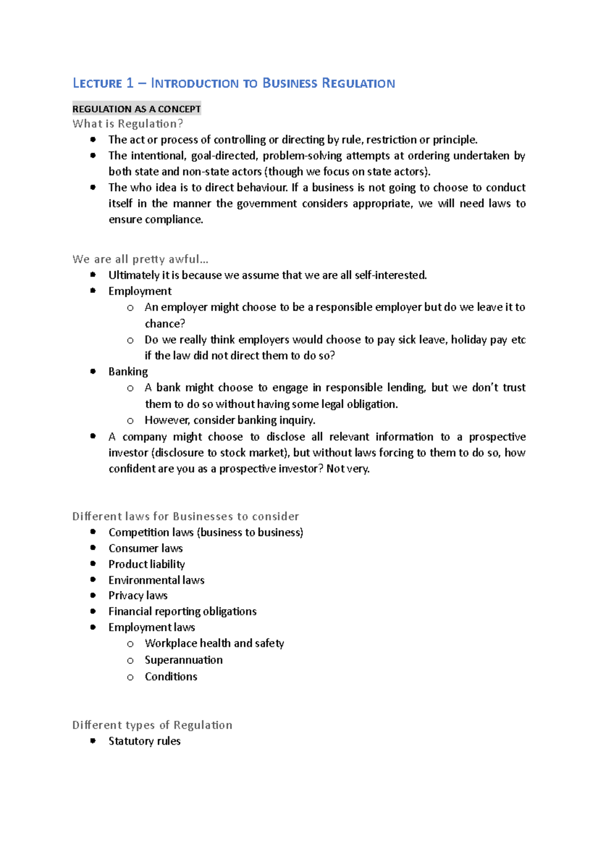 Lecture notes w1-3 - LECTURE 1 – INTRODUCTION TO BUSINESS REGULATION ...