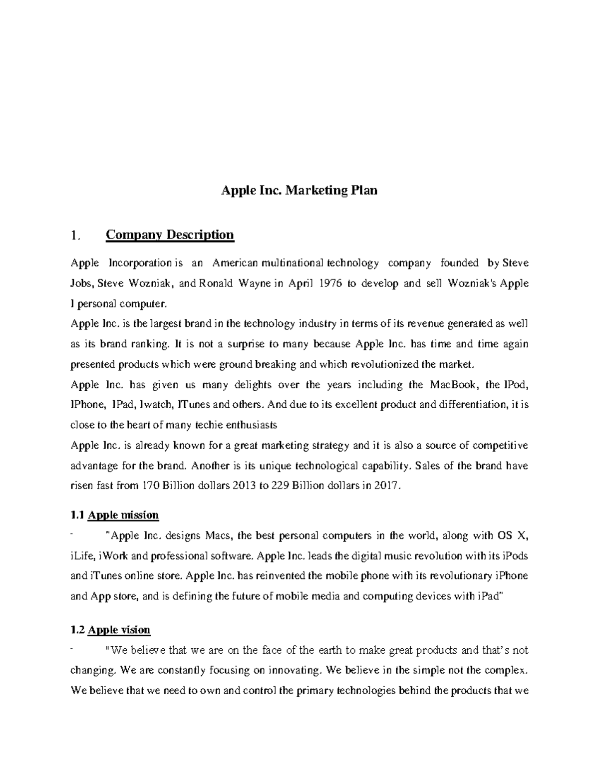 Apple inc marketing bba project marketing - Apple Inc. Marketing Plan 1 ...