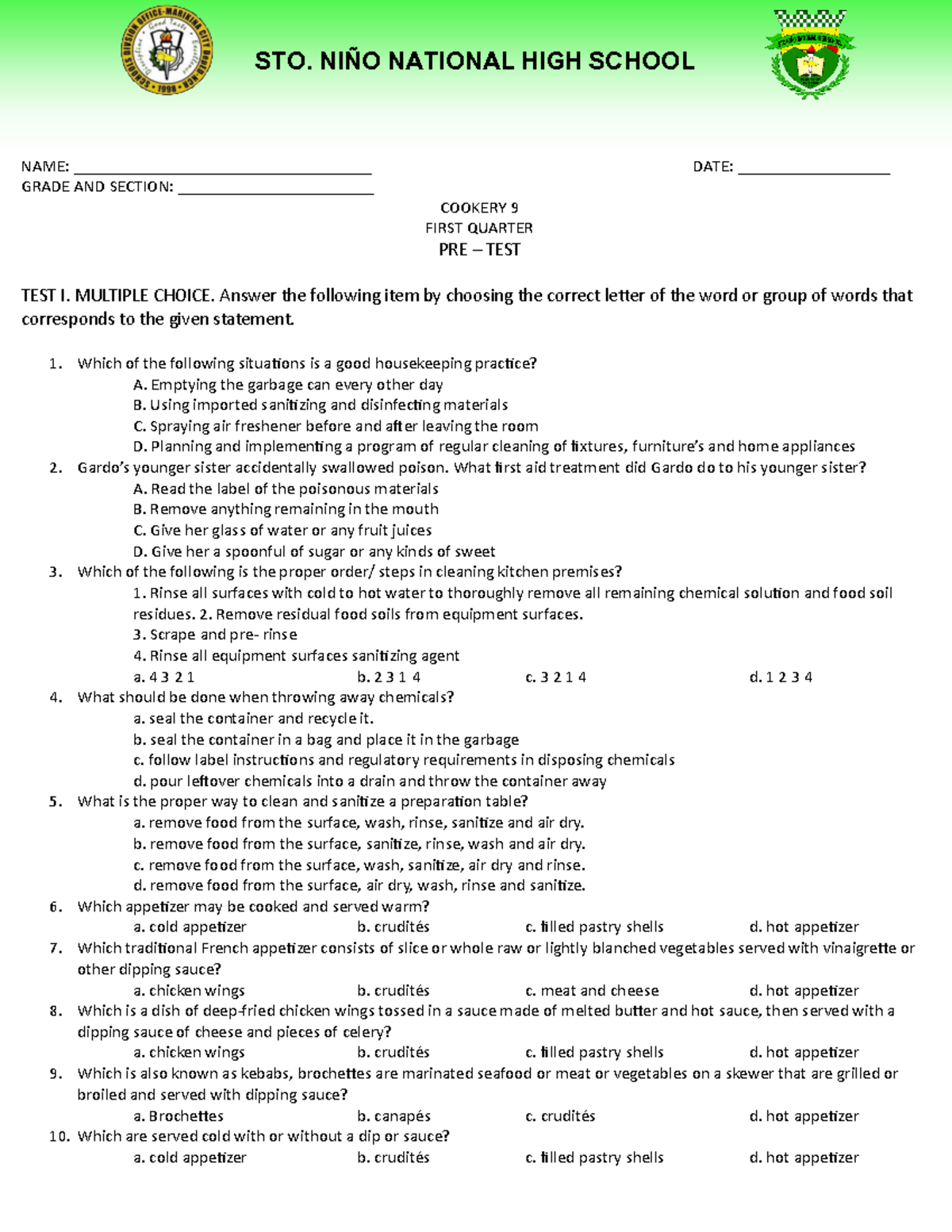 PRE - TEST Cookery 9 - Pre - testr - STO. NIÑO NATIONAL HIGH SCHOOL ...