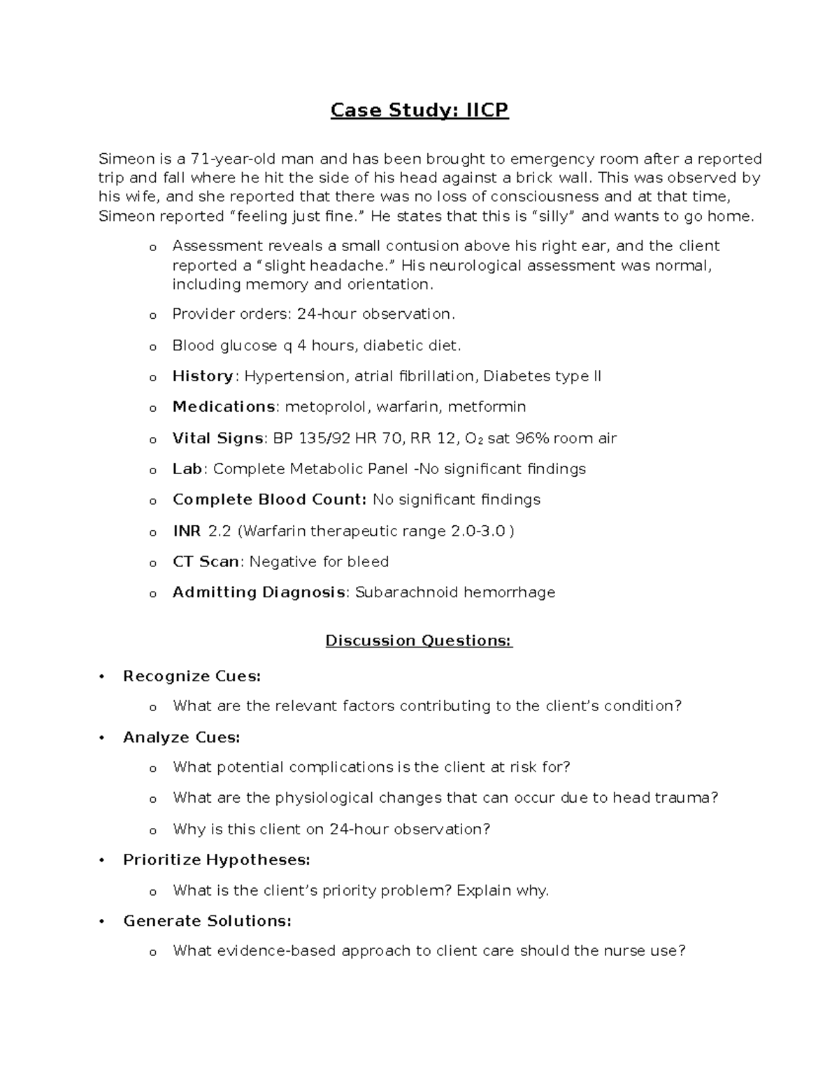 NUR-211-Case Study-IICP(1) - Case Study: IICP Simeon is a 71-year-old ...