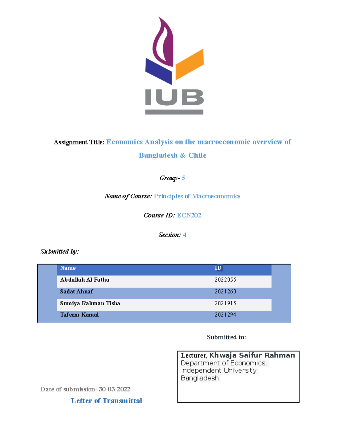 ECN- Project - Macroeconomics Assignment - Assignment Title: Economics Analysis on the ...