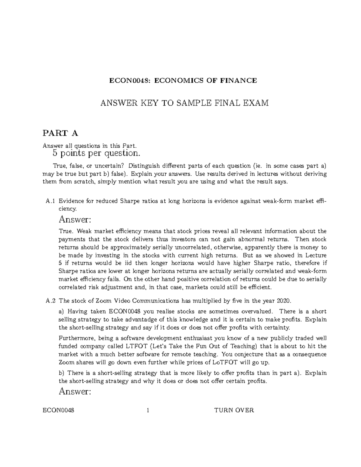 Answer Sample Final Exam UCL Finance 2023 ECON0048 ECONOMICS OF