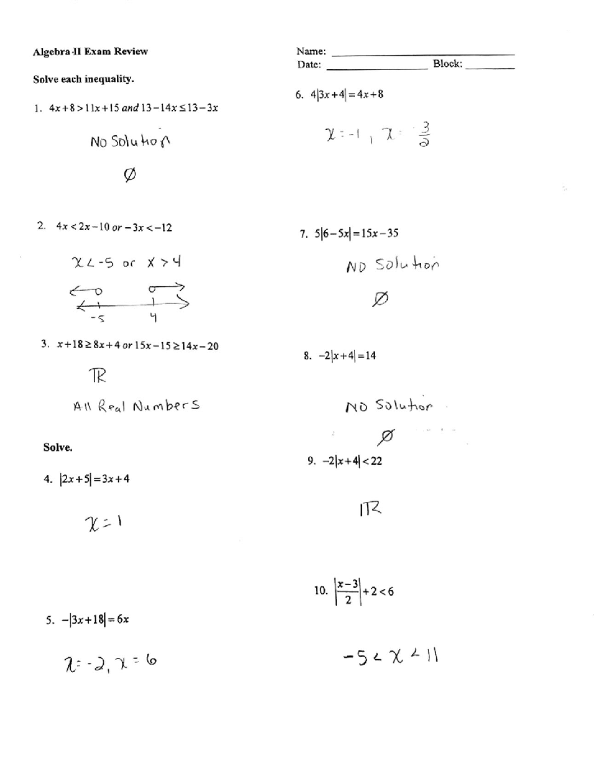 Alg II Exam Review answers - Studocu