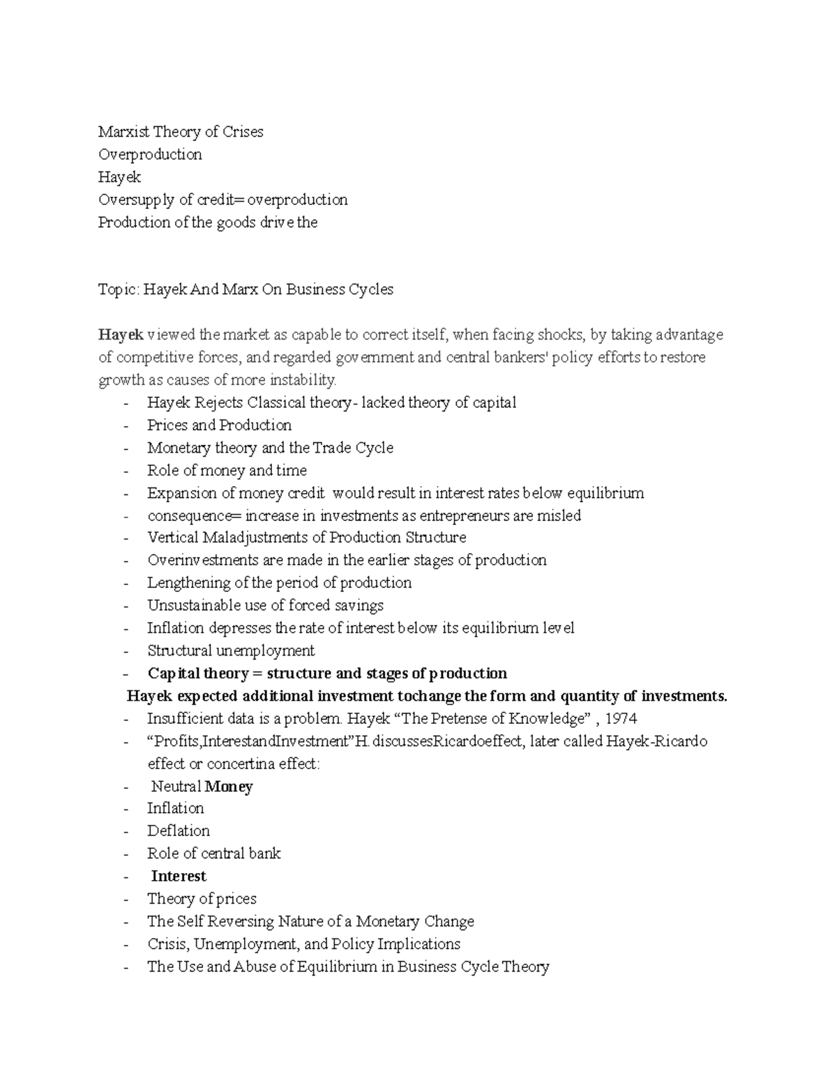 Hayek AND MARX Business Cycle Theories Notes - Marxist Theory of Crises ...