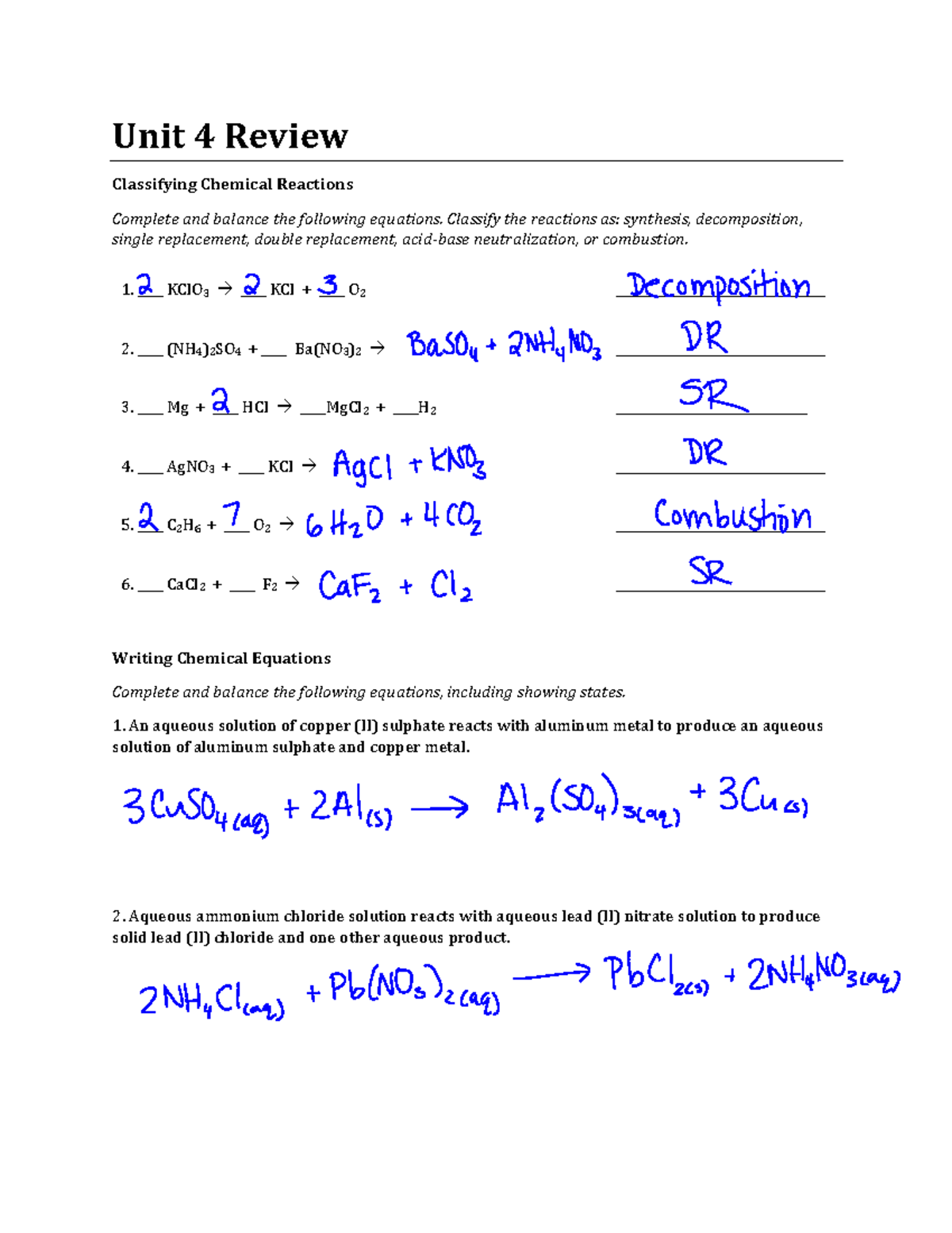 U4 review key - Unit 4 Review Classifying Chemical Reactions Complete ...