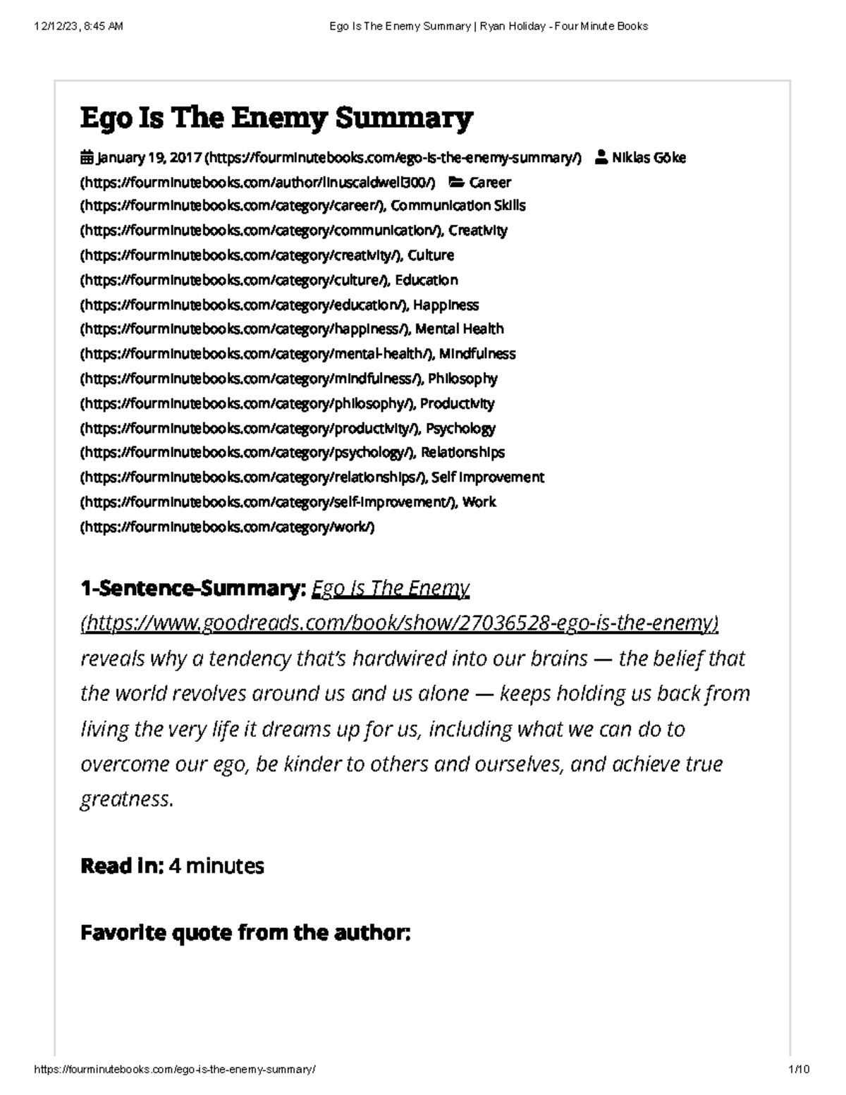 Ego Is The Enemy Summary Ryan Holiday - Four Minute Books - Ego Is The ...