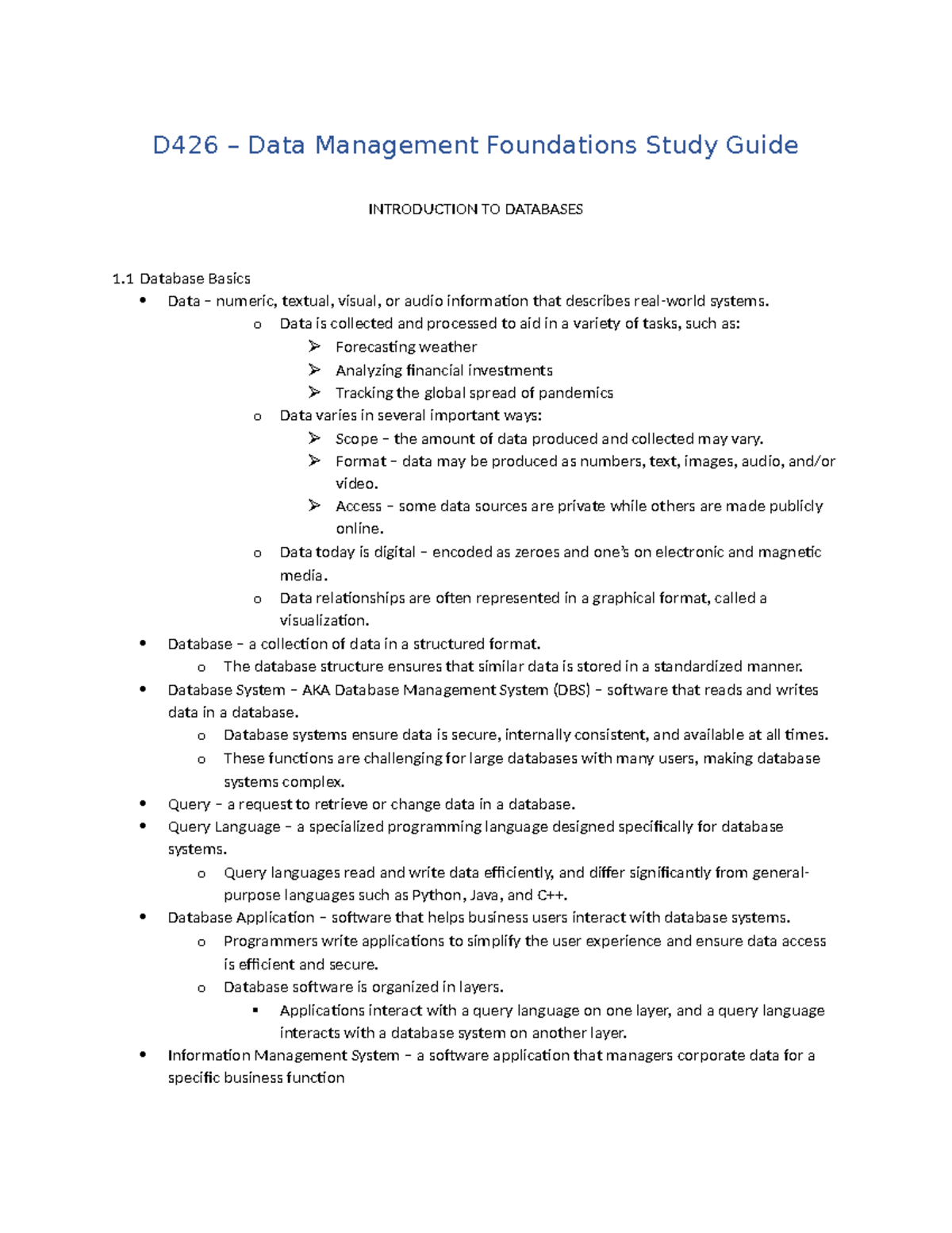 Study Guide - D426 – Data Management Foundations Study Guide ...