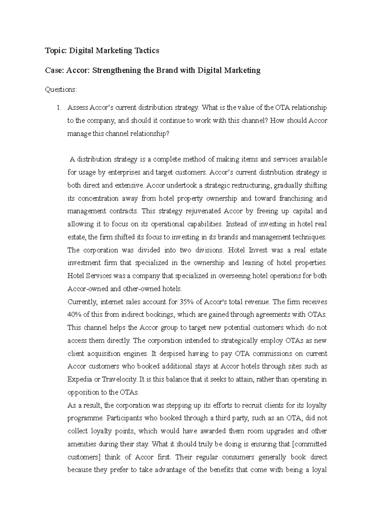 CASE 2 - Topic: Digital Marketing Tactics Case: Accor: Strengthening ...
