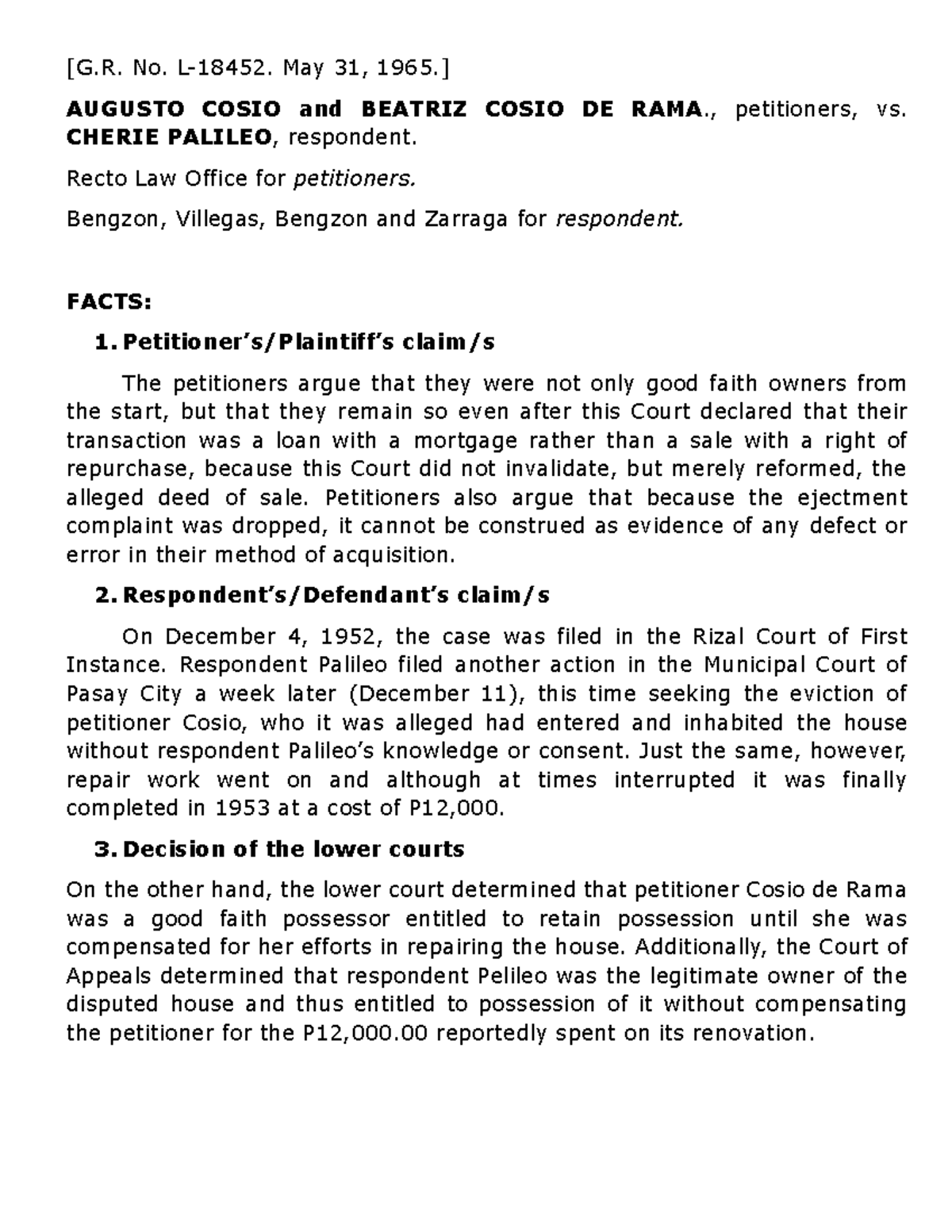 Cosio-DE RAMA - Summary Law on Obligations & Contracts - [G. No. L ...