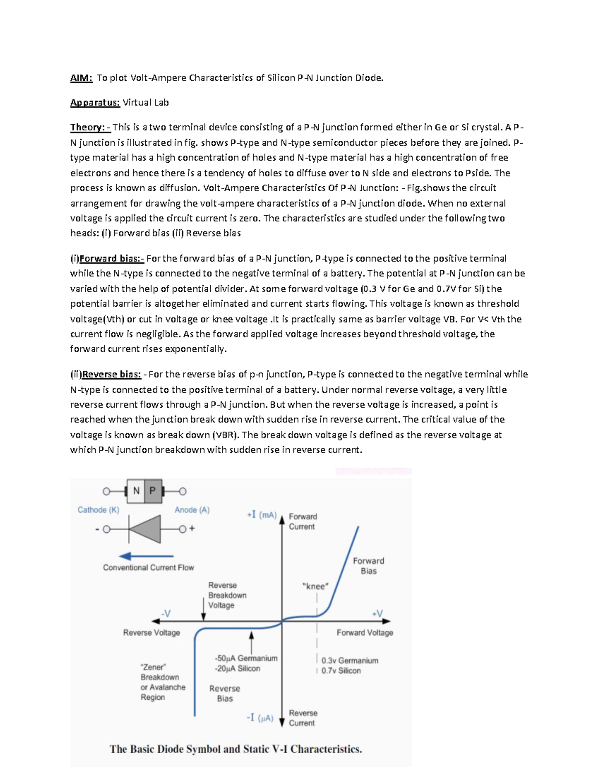 Diode lab report - notes - AIM: To plot Volt-Ampere Characteristics of ...