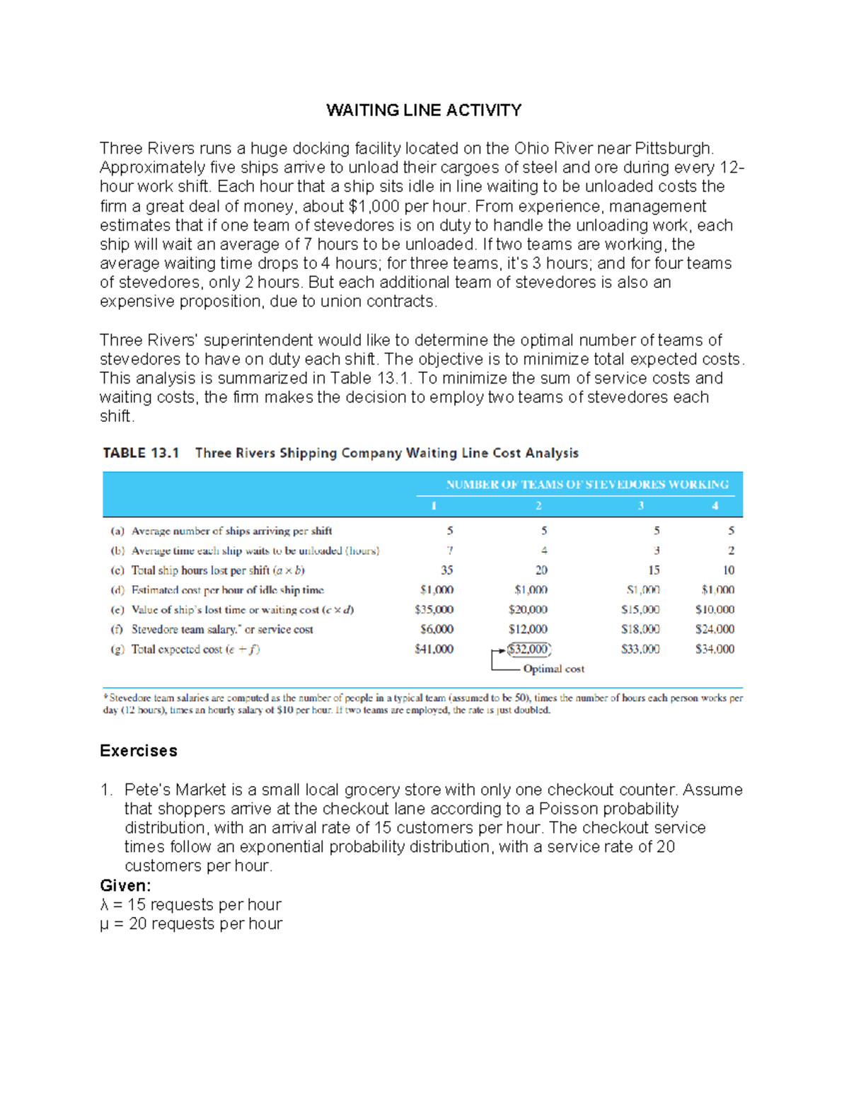 Lesson 2- Waiting LINE - Management science - WAITING LINE ACTIVITY ...