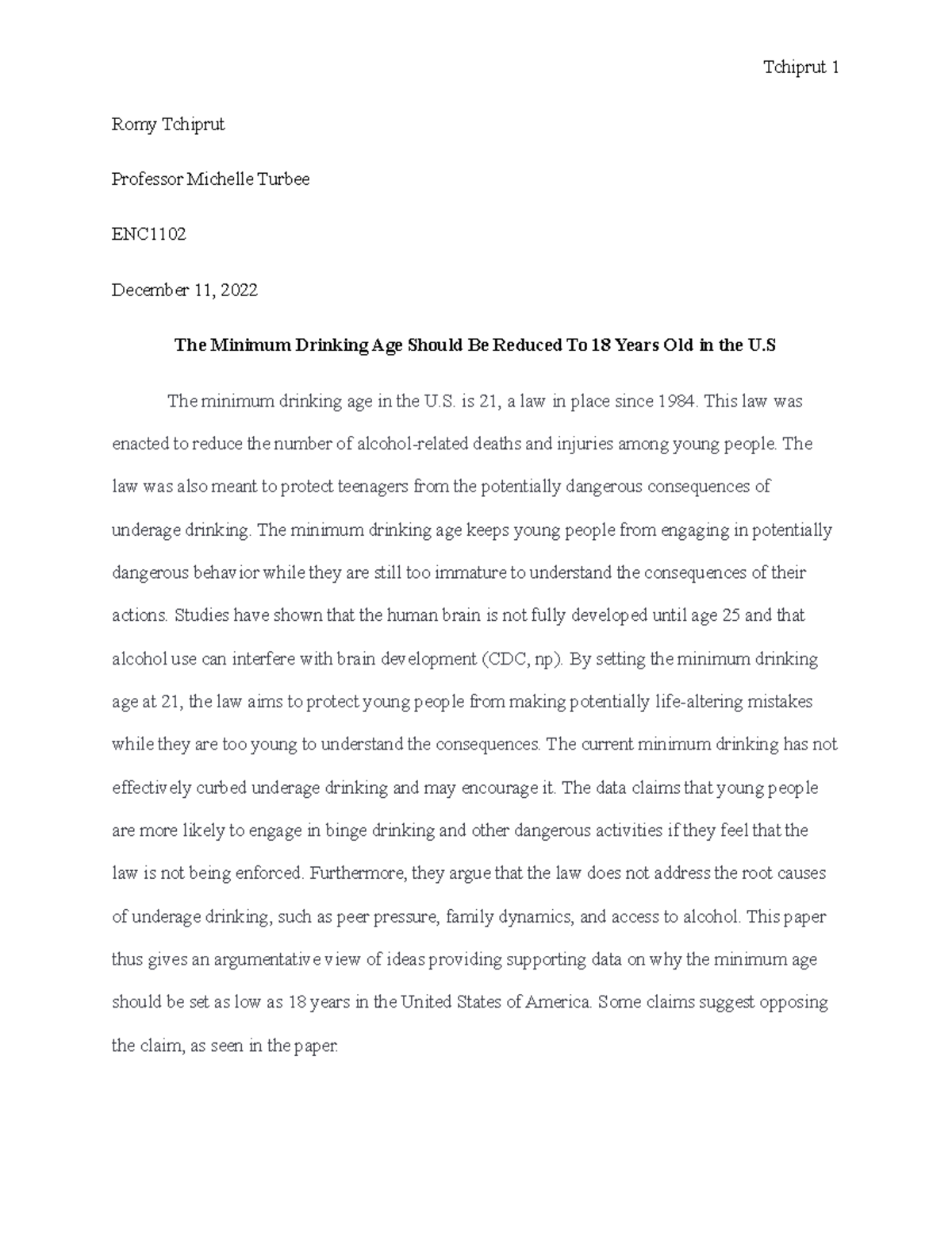 Minimum drinking age draft - Romy Tchiprut Professor Michelle Turbee ...