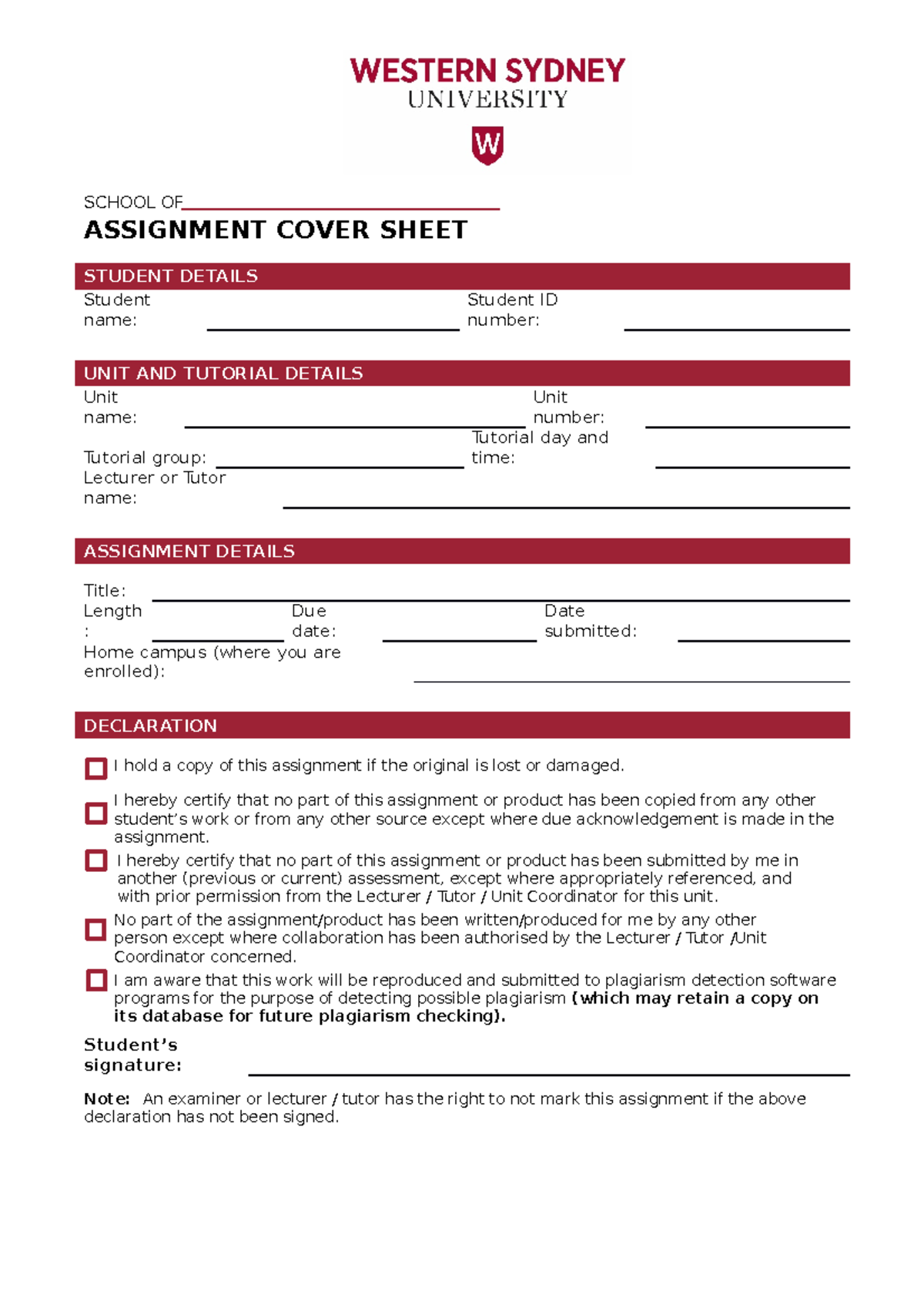 Final essay cover sheet - SCHOOL OF ASSIGNMENT COVER SHEET STUDENT ...