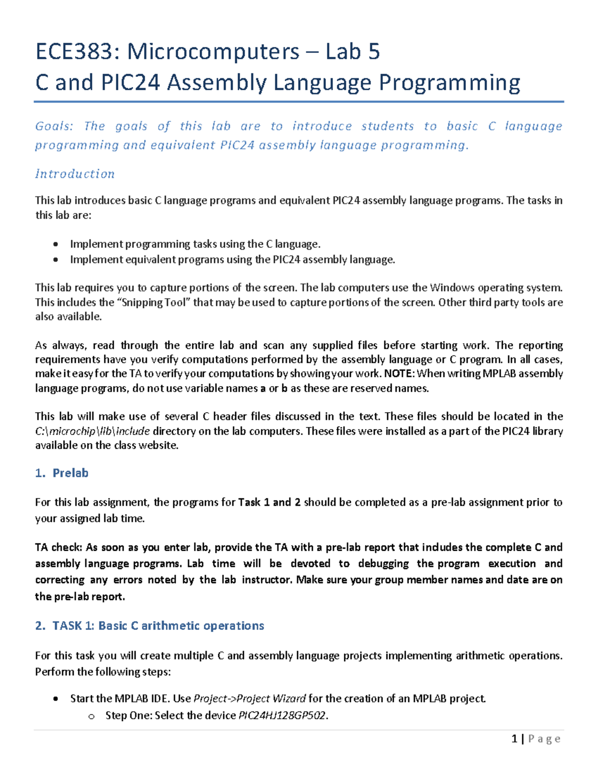 LAB 5 - February 9, 2017 - ECE383: Microcomputers Lab 5 C and PIC24 ...