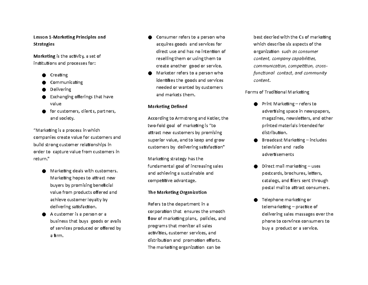 Lesson 1-Marketing Principles and Strategies - Lesson 1-Marketing ...