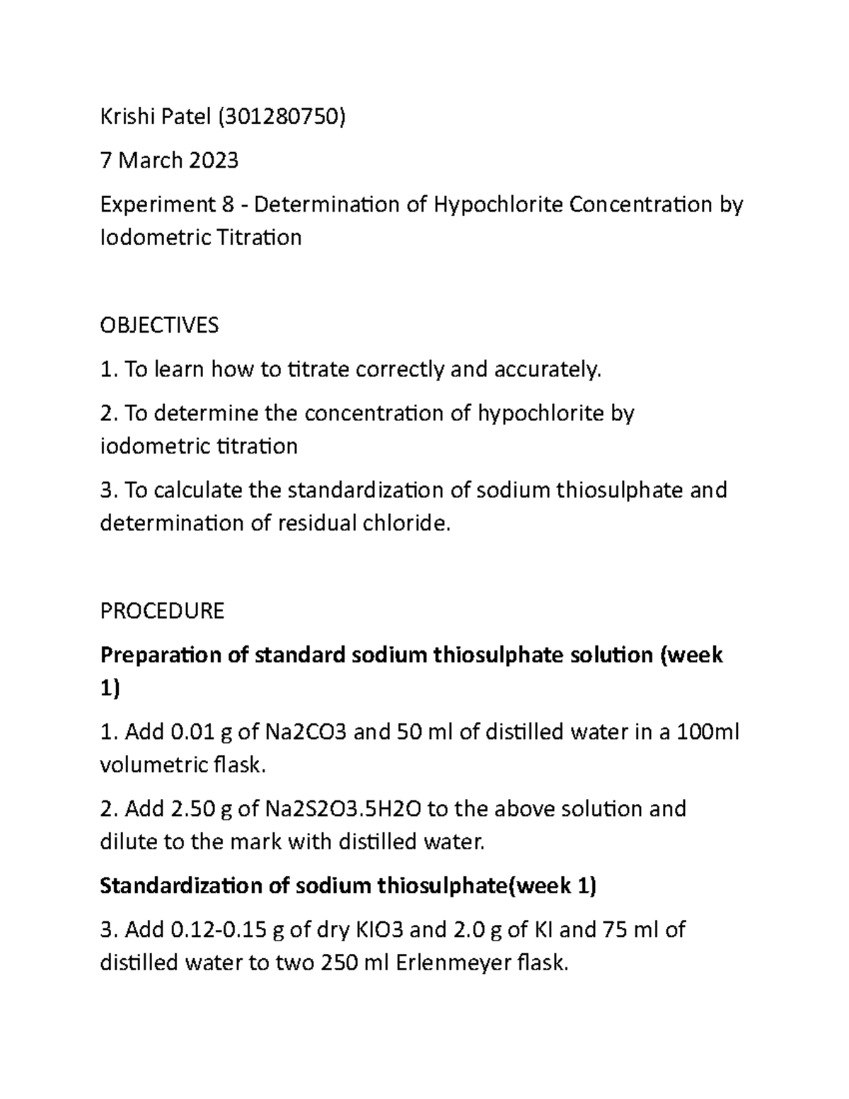 Experiment 8 Determination Of Hypochlorite Concentration By Iodometric Titration Krishi Patel
