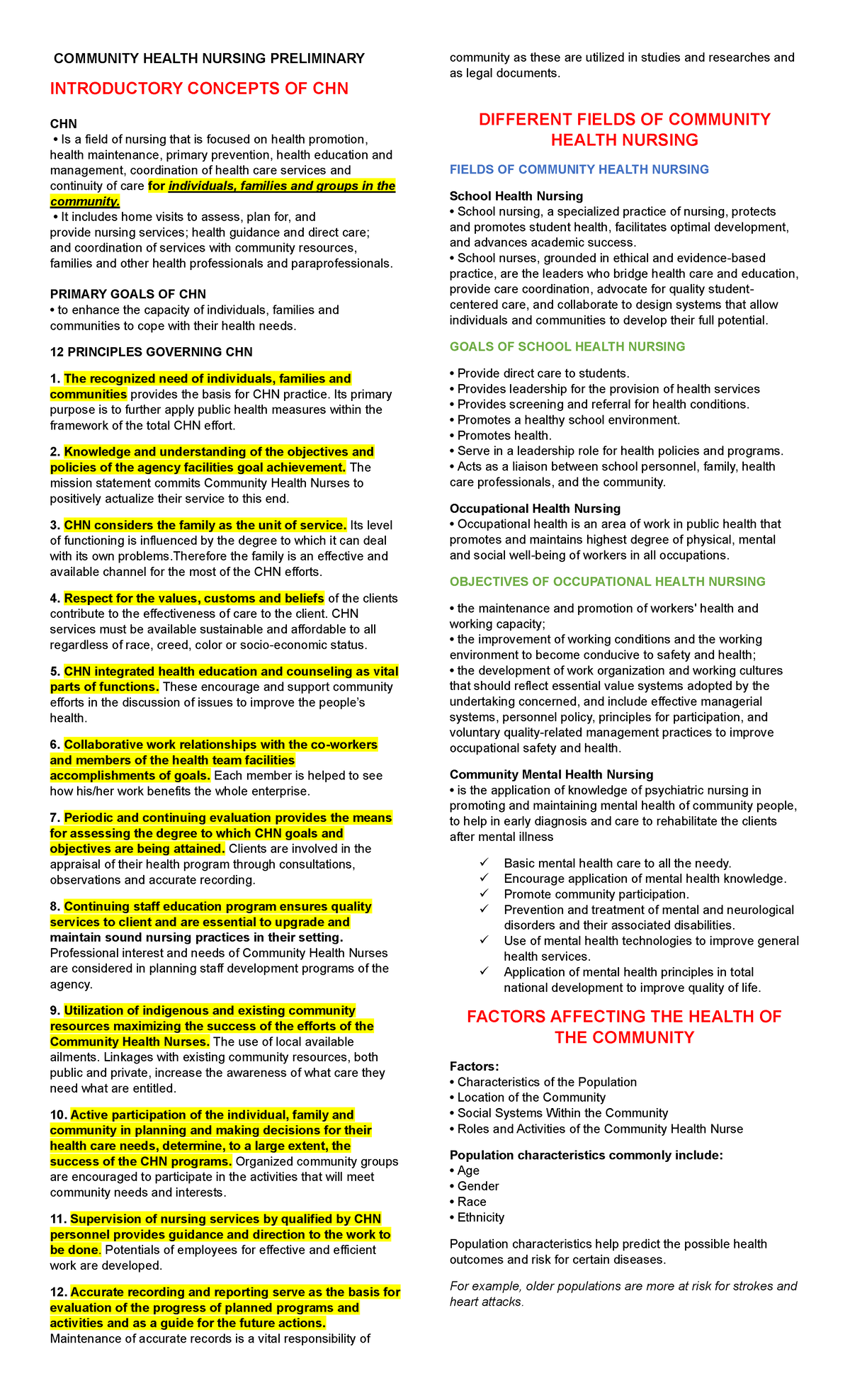 CHN Prelim - notes - COMMUNITY HEALTH NURSING PRELIMINARY INTRODUCTORY ...