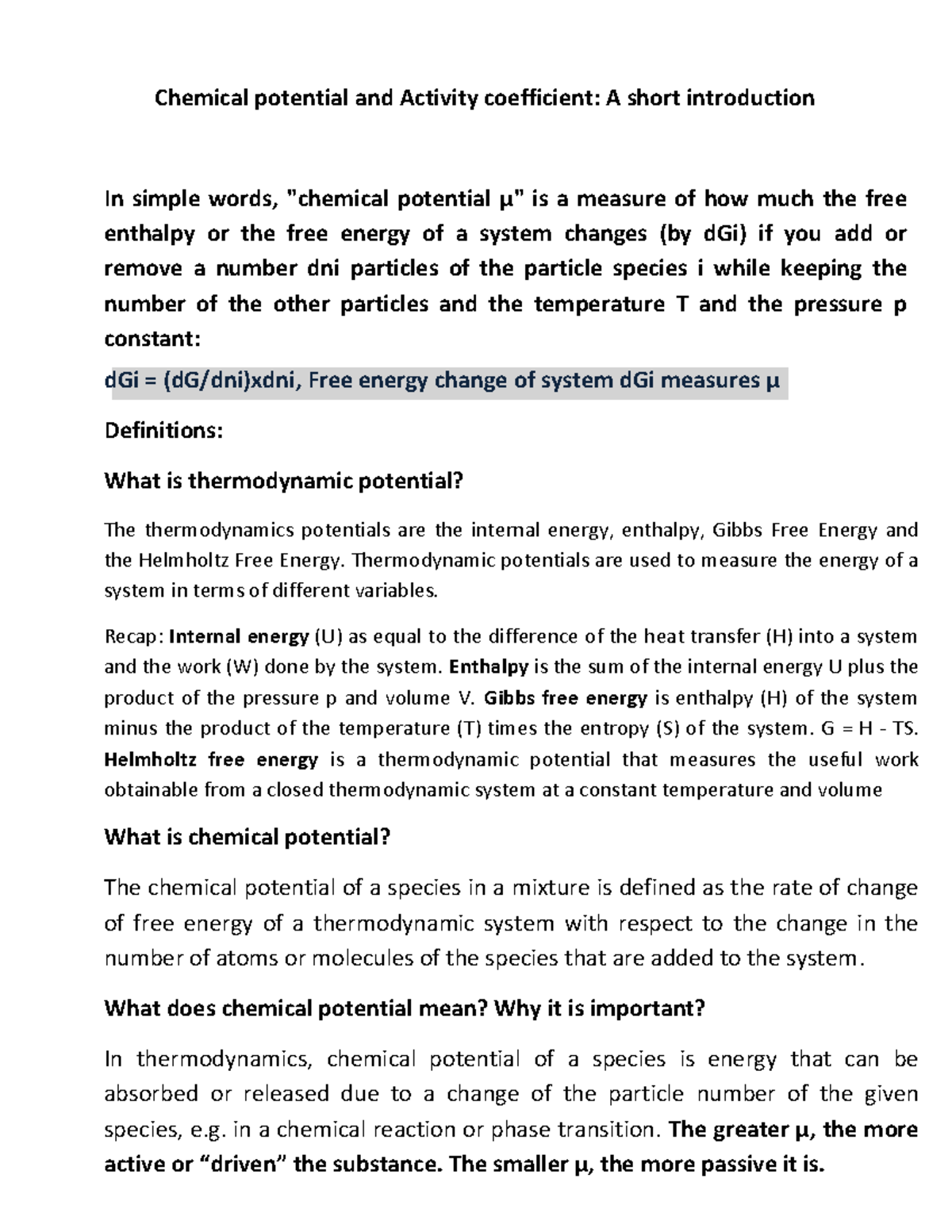 Chemical potential and Activity coefficient - Thermodynamic potentials ...