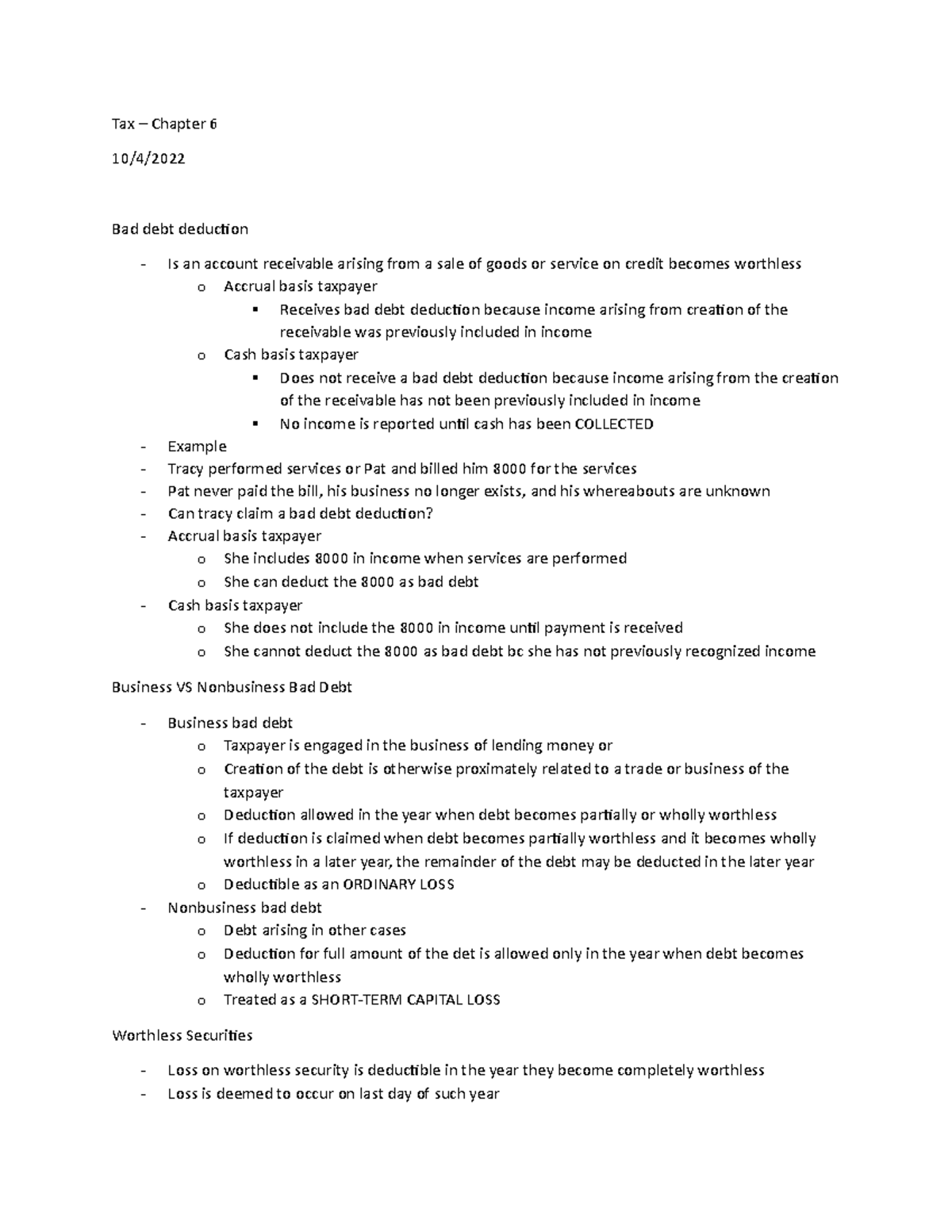Tax - chapter 6 notes - Tax – Chapter 6 10/4/ Bad debt deduction Is an ...