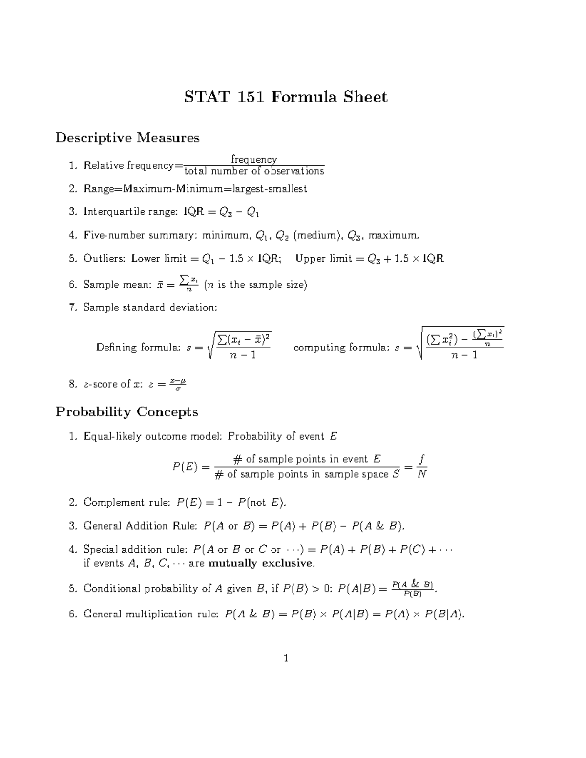 Formula Sheet 1111 - STAT 151 Formula Sheet Descriptive Measures ...